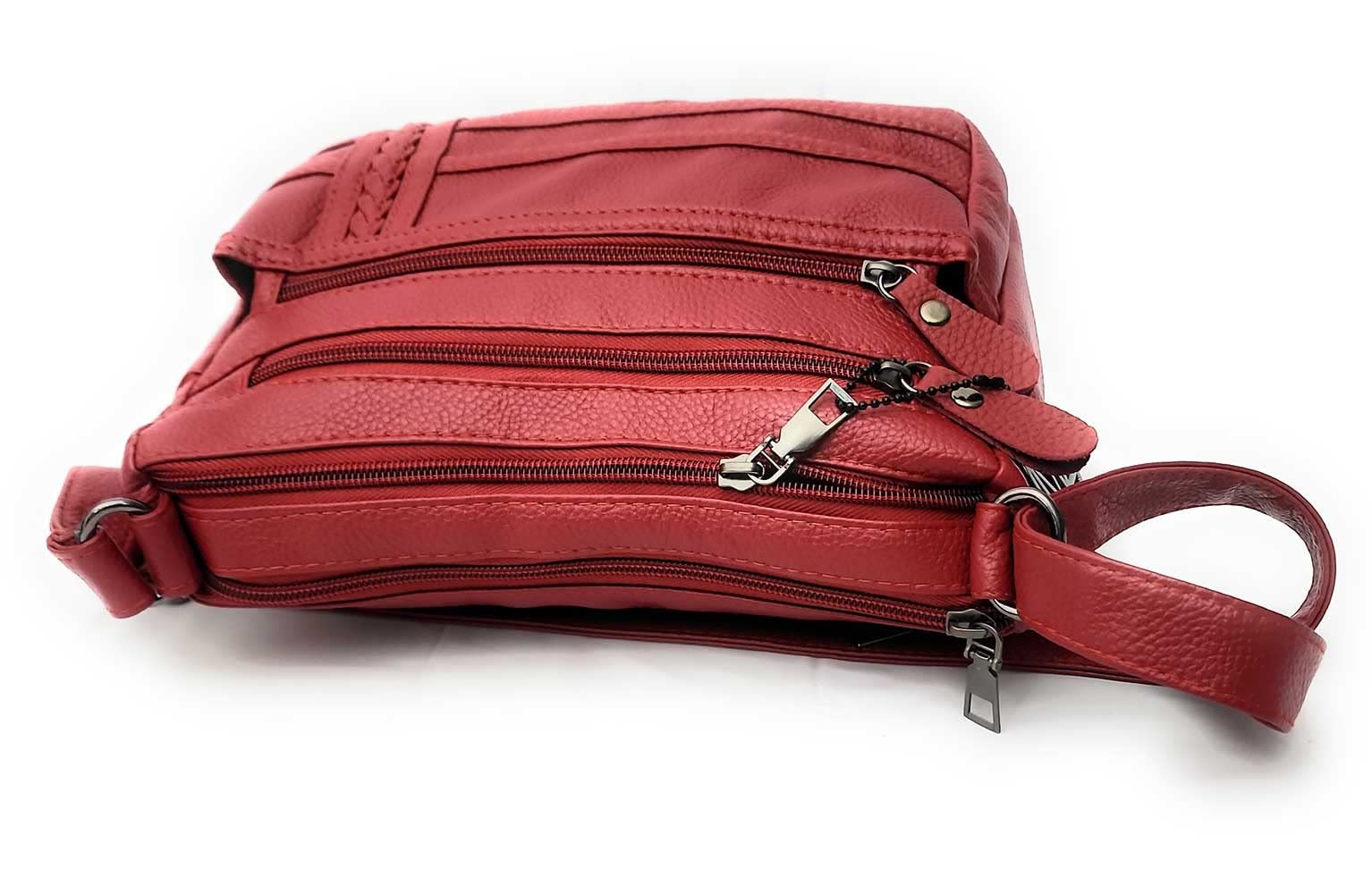 MariaKinz Soft Leather 5 Zipper Pockets Shoulder Purse and Handbag (Red)