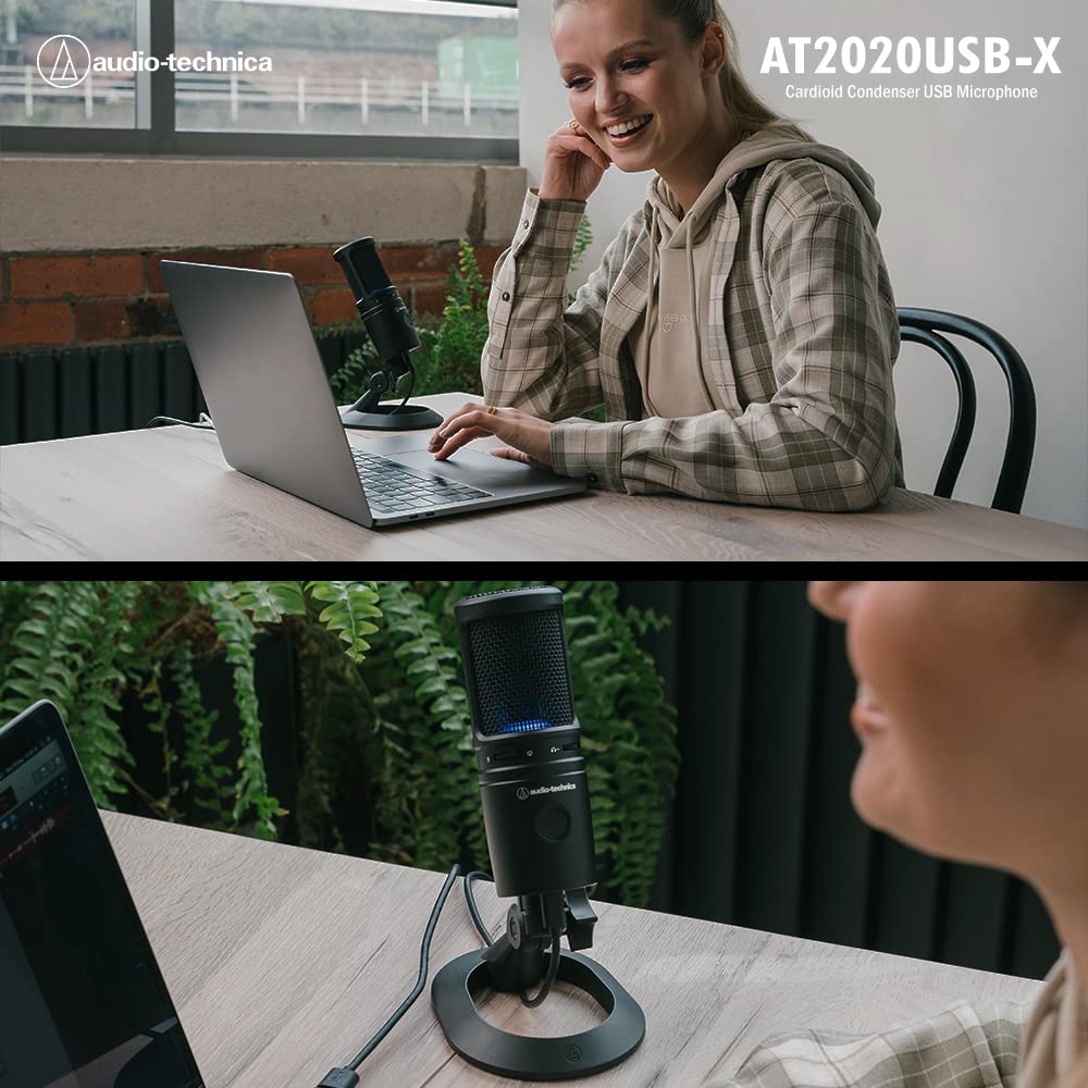 Audio-Technica Cardioid Condenser USB Microphone (AT2020USB-X) w/Built-in Headphone Jack, 24-bit/96 kHz Sample Rate Plus Xpix Bundle w/Pro DJ Headphones + Headphone Holder + Mic Pop Filter and More