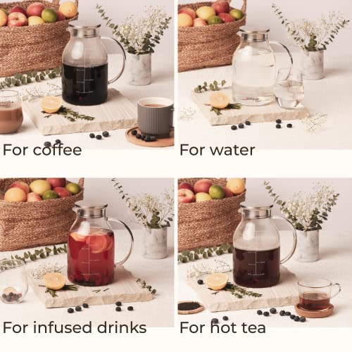 Pykal Glass Water Pitcher with Lid - 68 Oz - Heat Resistant Iced Tea or Coffee Jug with Handle and Lid - Borosilicate Pitchers for Hot or Cold Liquids - w/Free Brush