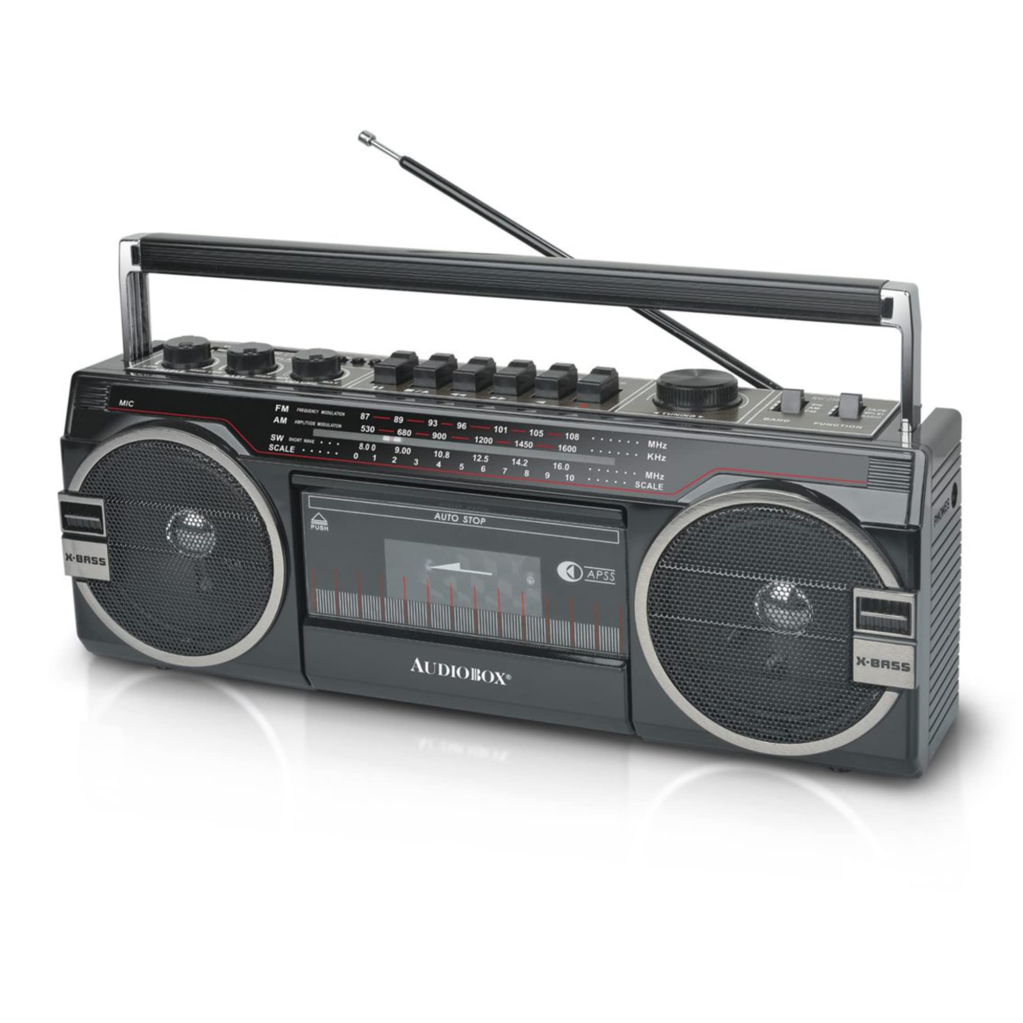 AudioBox RXC-25BT Retrobox 2 Way Speaker System Boombox w/Bluetooth Connectivity, AM/FM/SW Radio, USB and SD Card Connection, & Cassette Player, Black