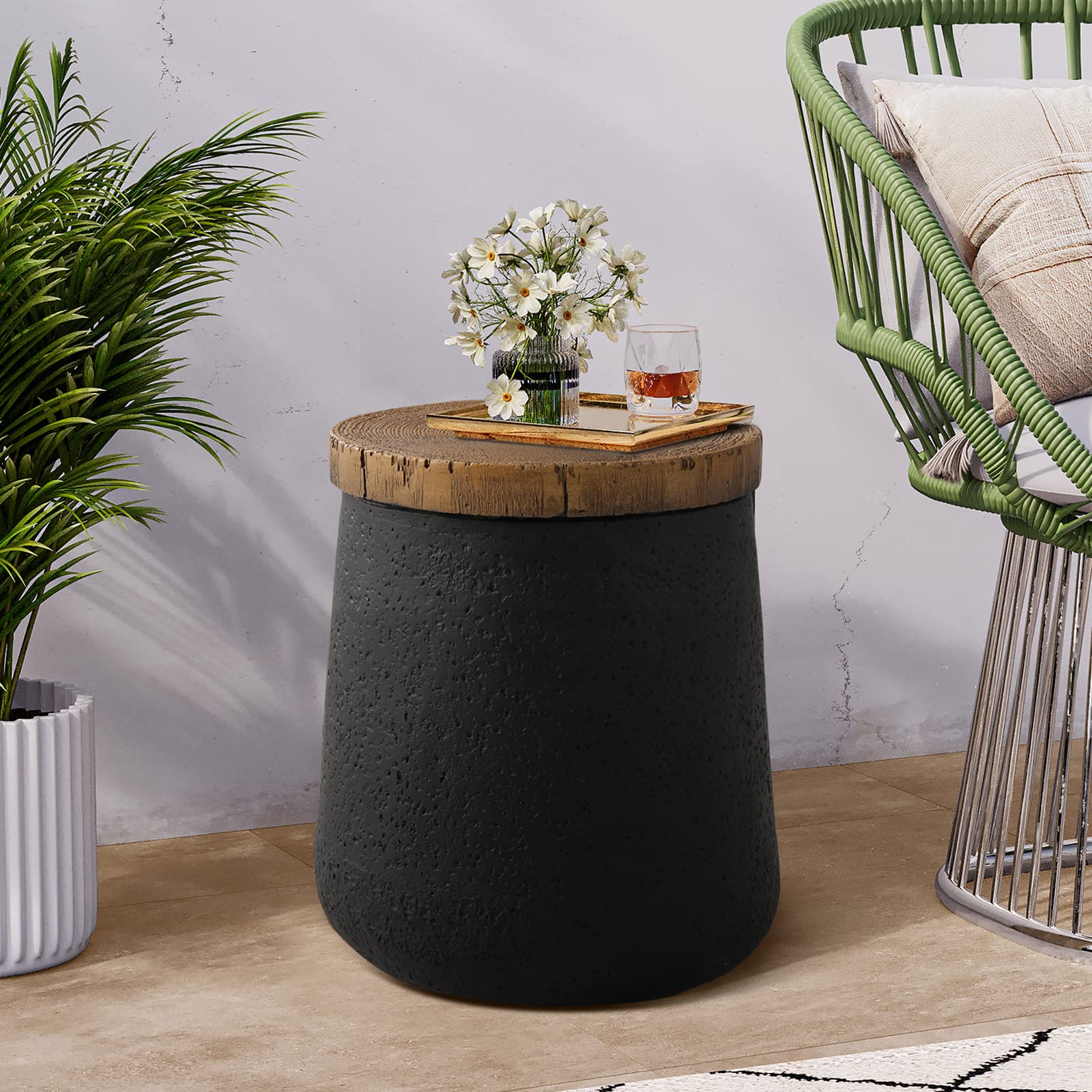 COSIEST 2 Pieces Outdoor Side Table, Set of 2 Drum End Table, Cylinder Shaped Concrete Side Table Faux-Wood Top, Black Outdoor Accent Table with Tree Trunk Slice Hand Painted, Accent Stool