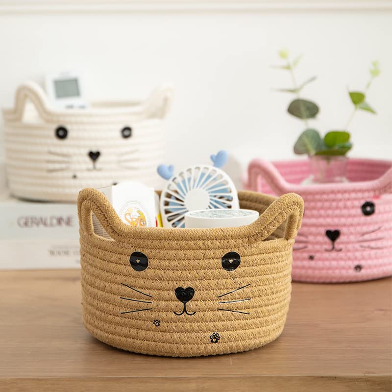 Bafnsiji Cute Cat Face Pattern Braided Storage Basket, Cotton Rope Animal Design Braided Clutter Storage Bag, Washable Snack Sundries Storage Basket,Pink