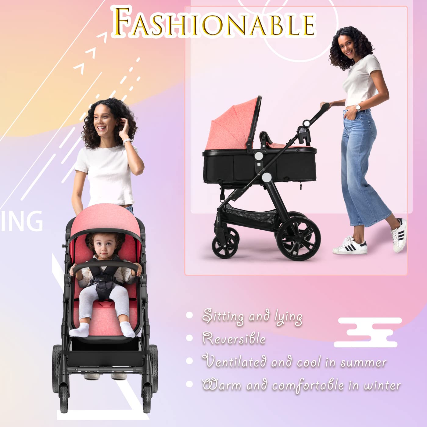 Baby Stroller Infant Bassinet Stroller Toddler Reversible Seat Pram Foldable Pushchair with Adjustable Canopy Backrest and Pusher, Suspension Wheels Fit All Terrains, Cup Holder (PINK)