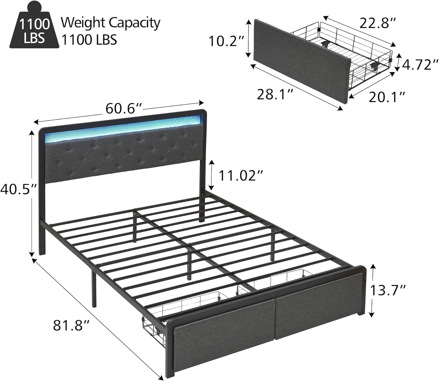 GAOMON Upholstered Bed Frame Queen with 2 Storage Drawers, Button Tufted Headboard and LED Lights, Queen Bed Frame with Mattress Foundation Strong Wooden Slats Support, No Box Spring Needed