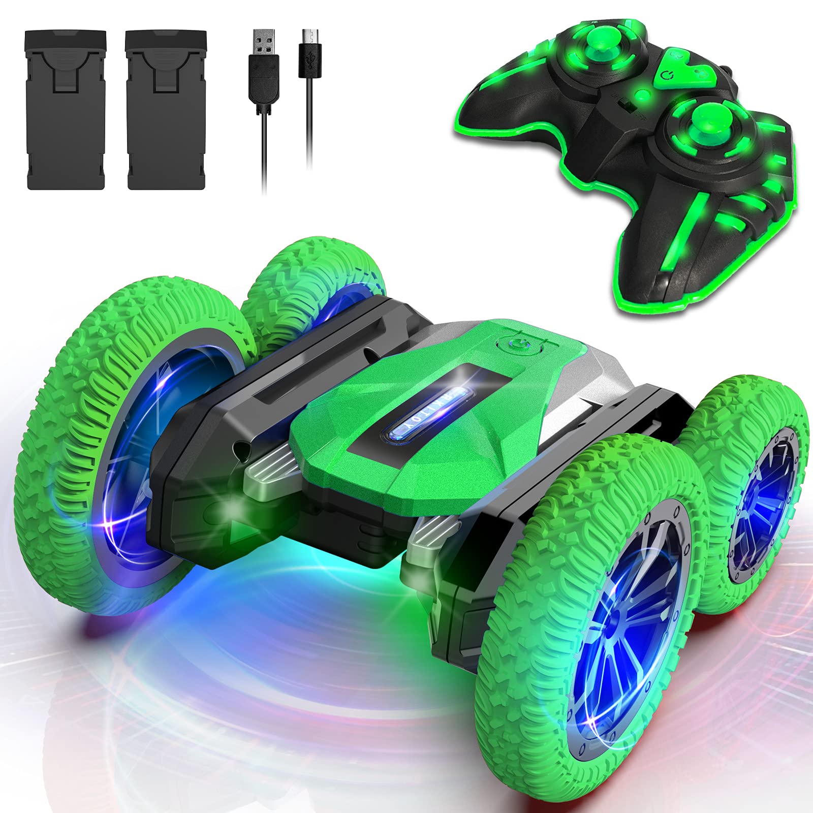 Wsiyen Remote Control Car RC Cars, Double Sided Fast Stunt Car, Kids Toys with Rechargeable Battery, LEDs,360° Flips,4WD,All Terrain Tires, Birthday Gifts for Boys Girls Age 6 7 8 9-14 Year Old