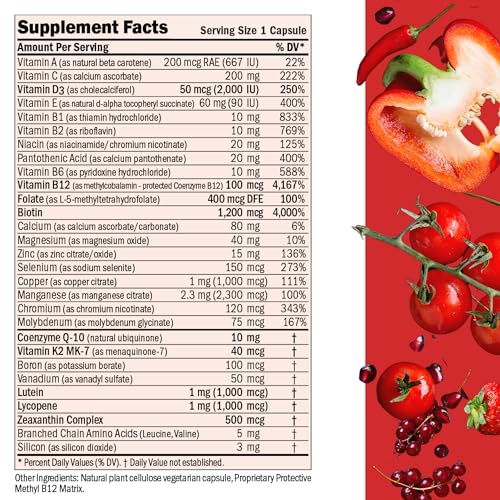 ANDREW LESSMAN Essential-1 Multivitamin 2000 IU Vitamin D3 180 Small Capsules – 100 mcg Methyl B12. CoQ10 Lutein Lycopene Zeaxanthin. High Potency. No Additives. Gentle Ultra-Mild. One Daily Capsule