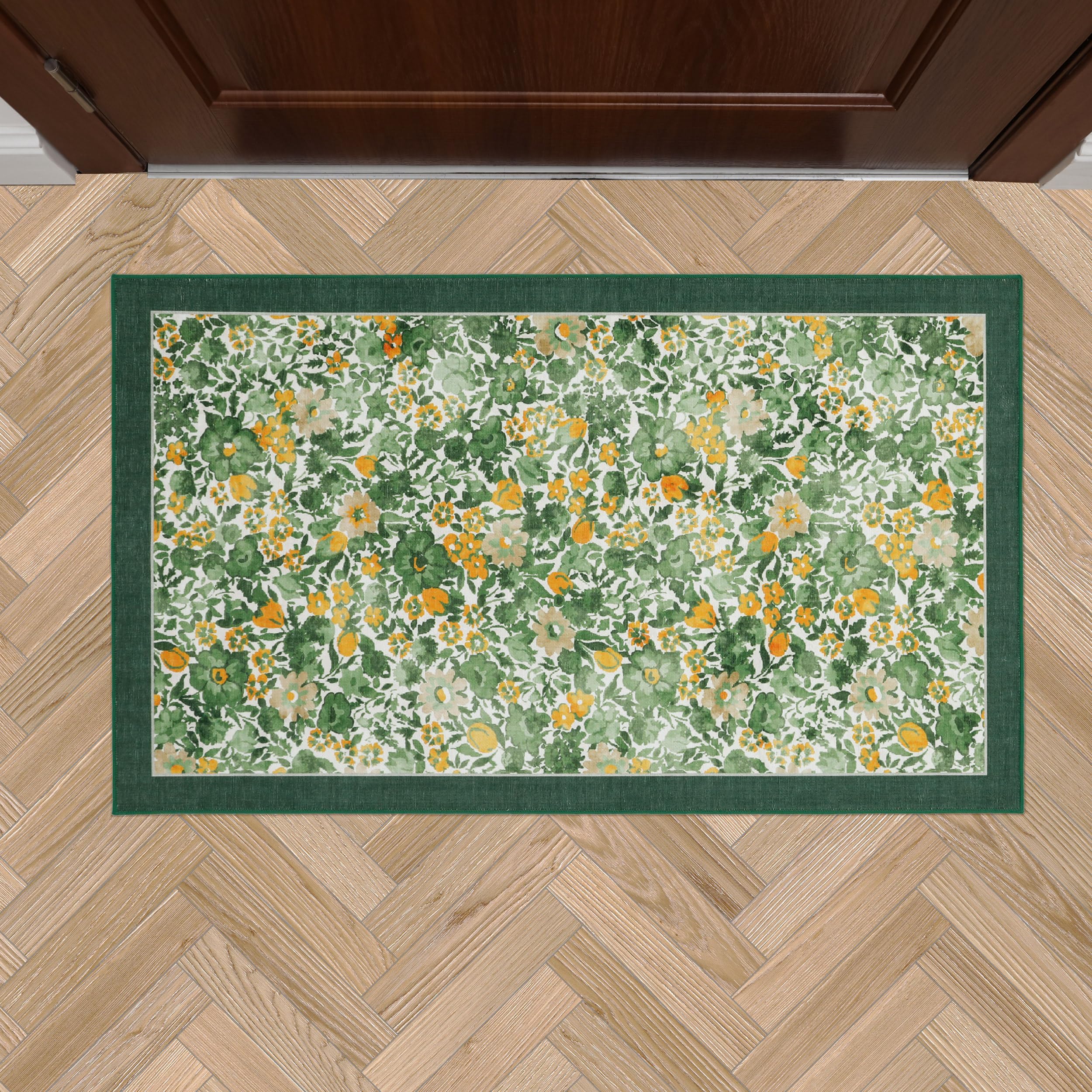 Laura Ashley Green Lovestone Floral Machine Washable & Slip Resistant 26" x 45" Accent Rug
