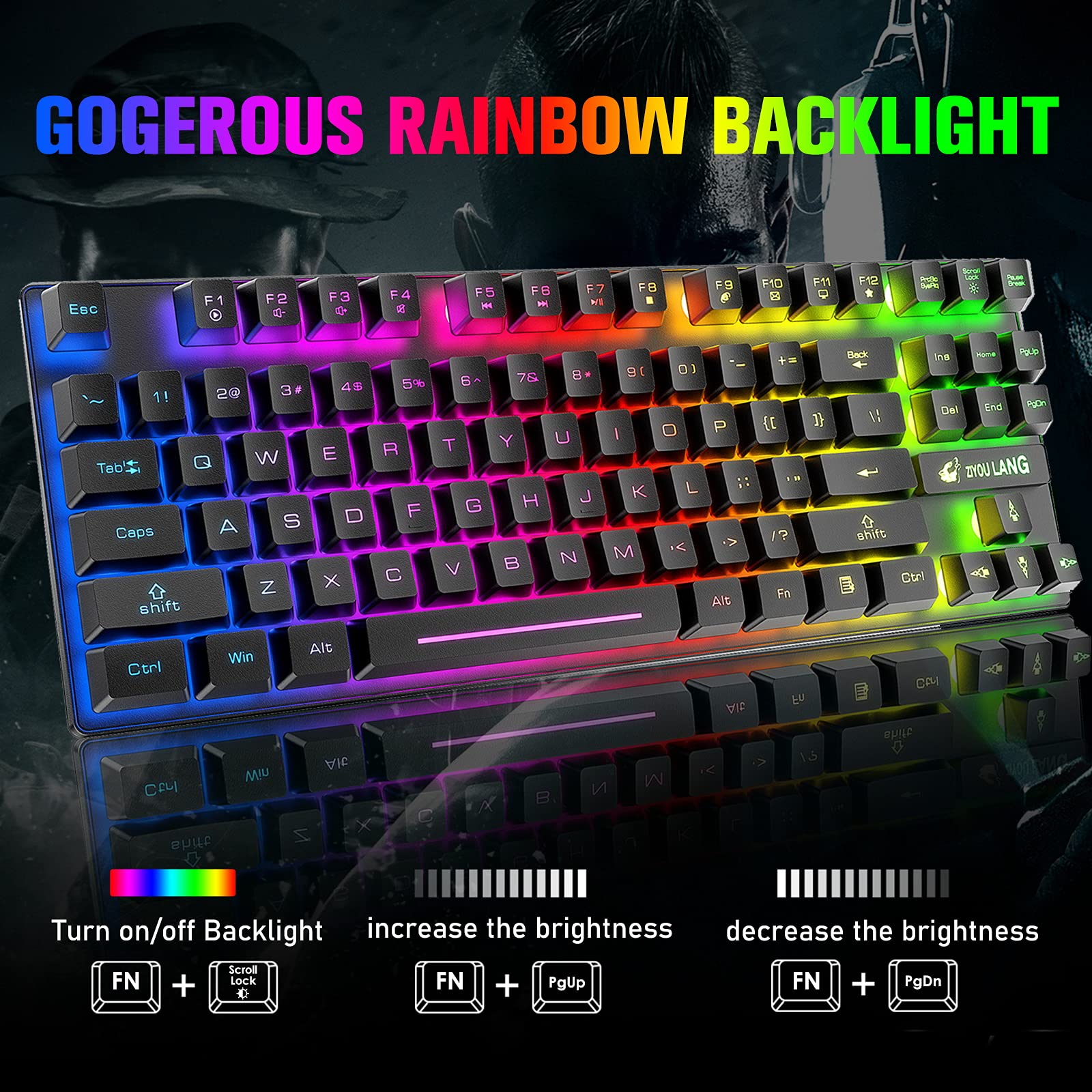 ZIYOU LANG Wireless Gaming Keyboard Mouse and Wired Headphone with Ergonomic 87Key Rainbow Backlight Rechargeable 3800mAh Battery Mechanical Anti-ghosting Mouse pad for PC Laptop Gamer Typist(Black)