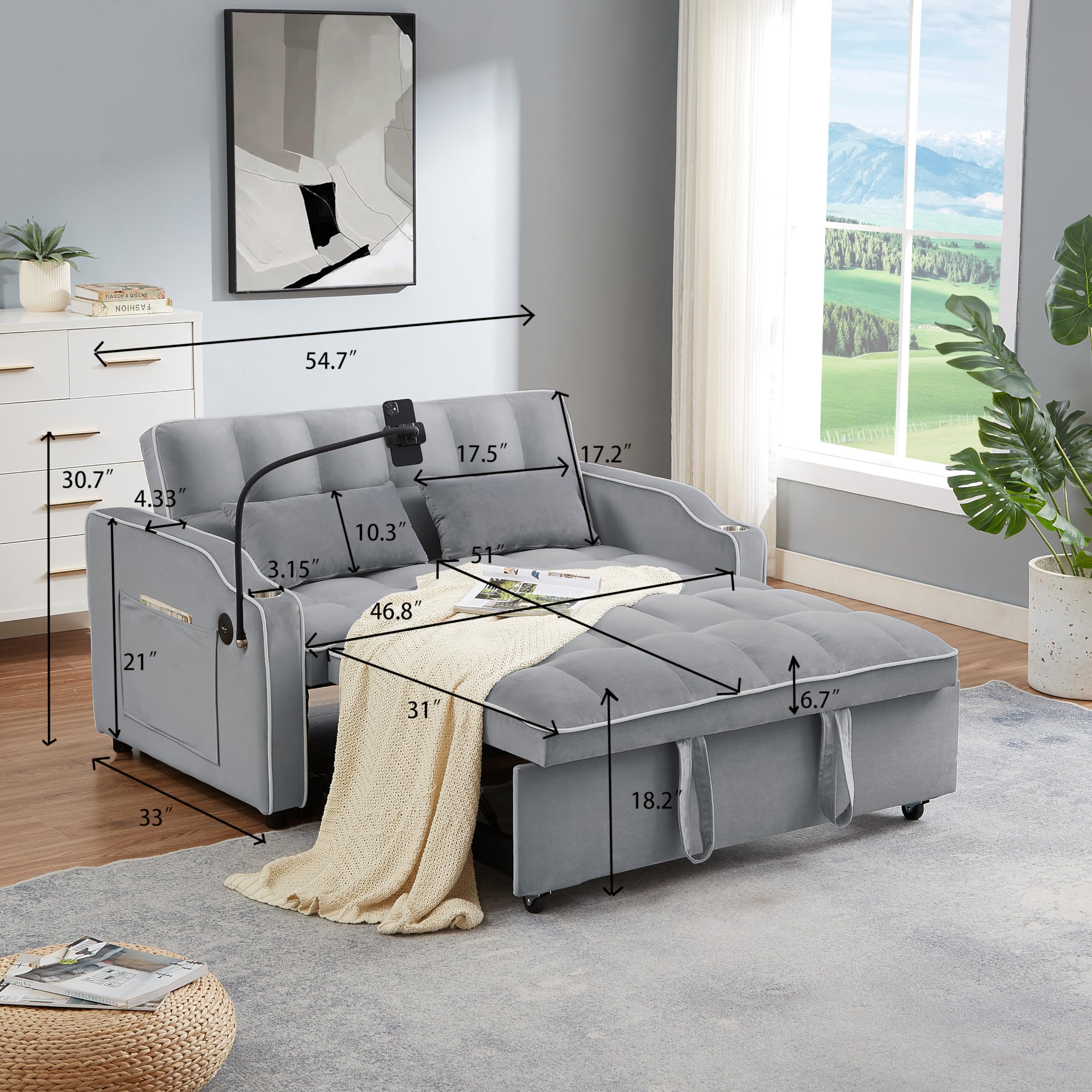 Bellemave Foldable Sofa Bed with USB Charging Ports, Pull Out Velvet Loveseat Sleeper with Swivel Phone Holder, Modern Futon Couch with Cup Holders and Adjustable Backrest, for Living Room, Gray