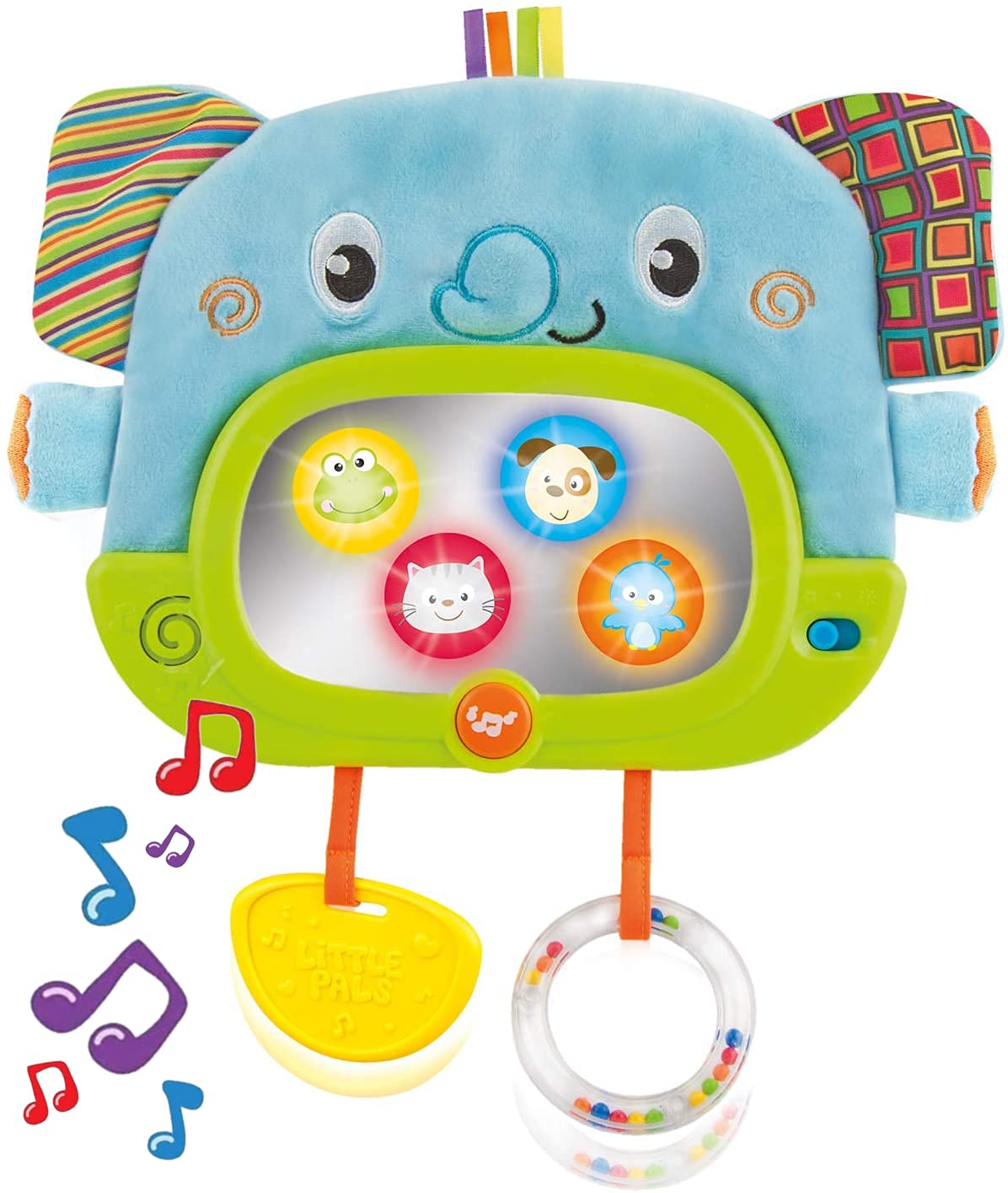 Baby Tummy Time Mirror for Floor, Crib, Play Gym & Stroller - Soft Elephant Baby Mirror w/Hidden Characters β Daytime Play & Nighttime Lullaby Modes β 0+ Months