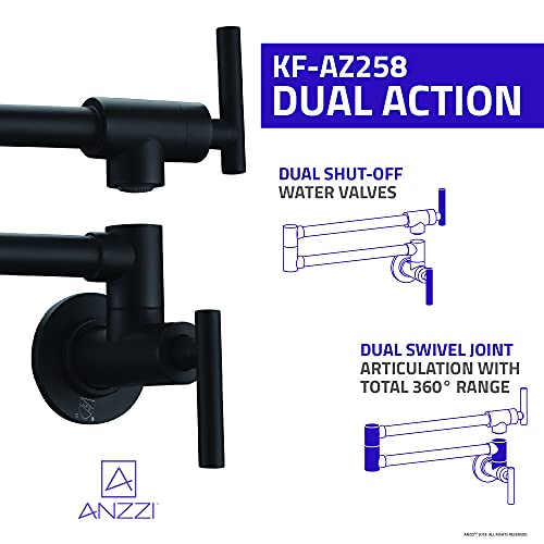 Braccia Series 24" Wall Mounted Pot Filler in Matte Black | 24β Reach Spout Solid Brass Two Handle Dual Shut-Off Valve Double Joint Swing Arm Wall Mount Kitchen Folding Faucet | KF-AZ258BKM