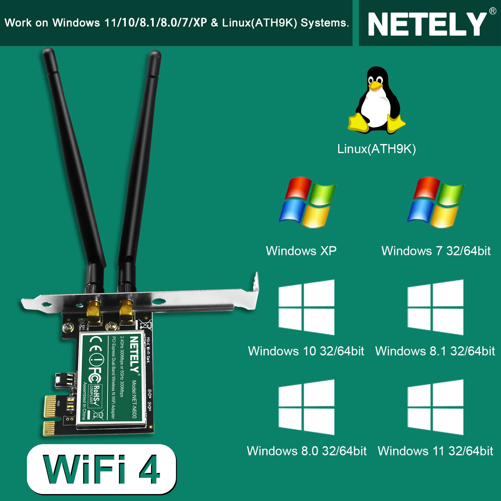 NETELY Wireless N Dual Band 600Mbps 2-Stream PCIE WiFi Adapter for Desktop PCs, PCIE WiFi Card, 2.4GHz 300Mbps and 5GHz 300Mbps, Qualcomm Atheros Wireless Network Adapter(NET-N600)