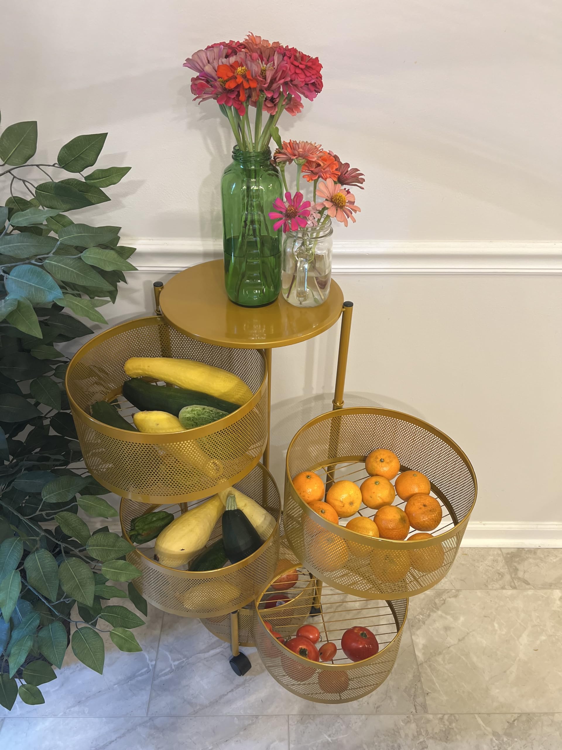 H&H Supply 5 Tier Rotating Storage Kitchen Cart Organizer Metal Vegetable Fruit Basket Rotating Shelves for Kitchen Dorm Office Bathroom Matte Yellow Gold Lightweight