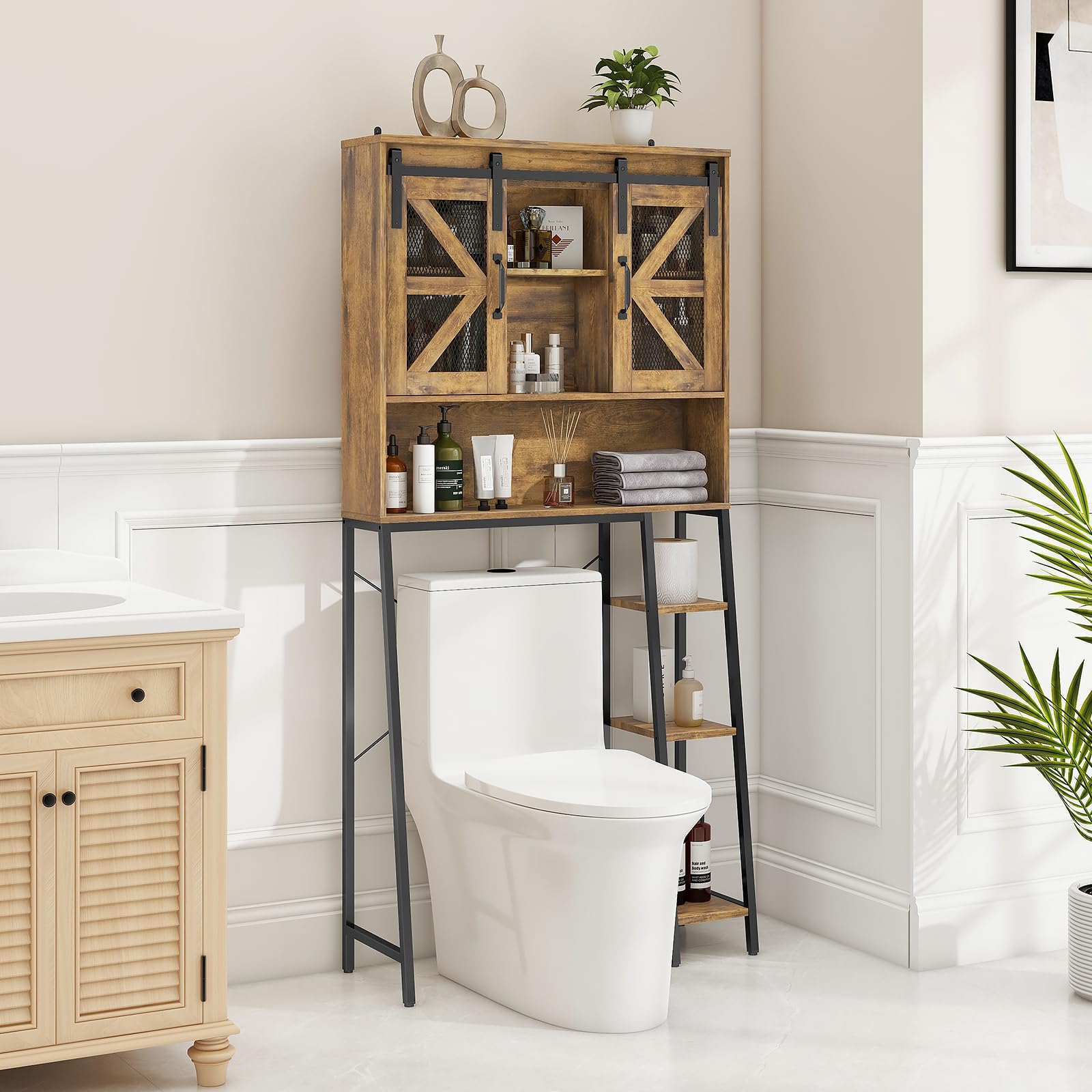 Befrases Over The Toilet Storage Cabinet, Farmhouse Storage Cabinet Over Toilet with 2 Sliding Barn Door,Home Space-Saving Toilet Rack, for Bathroom, Restroom, Laundry.(Brown)