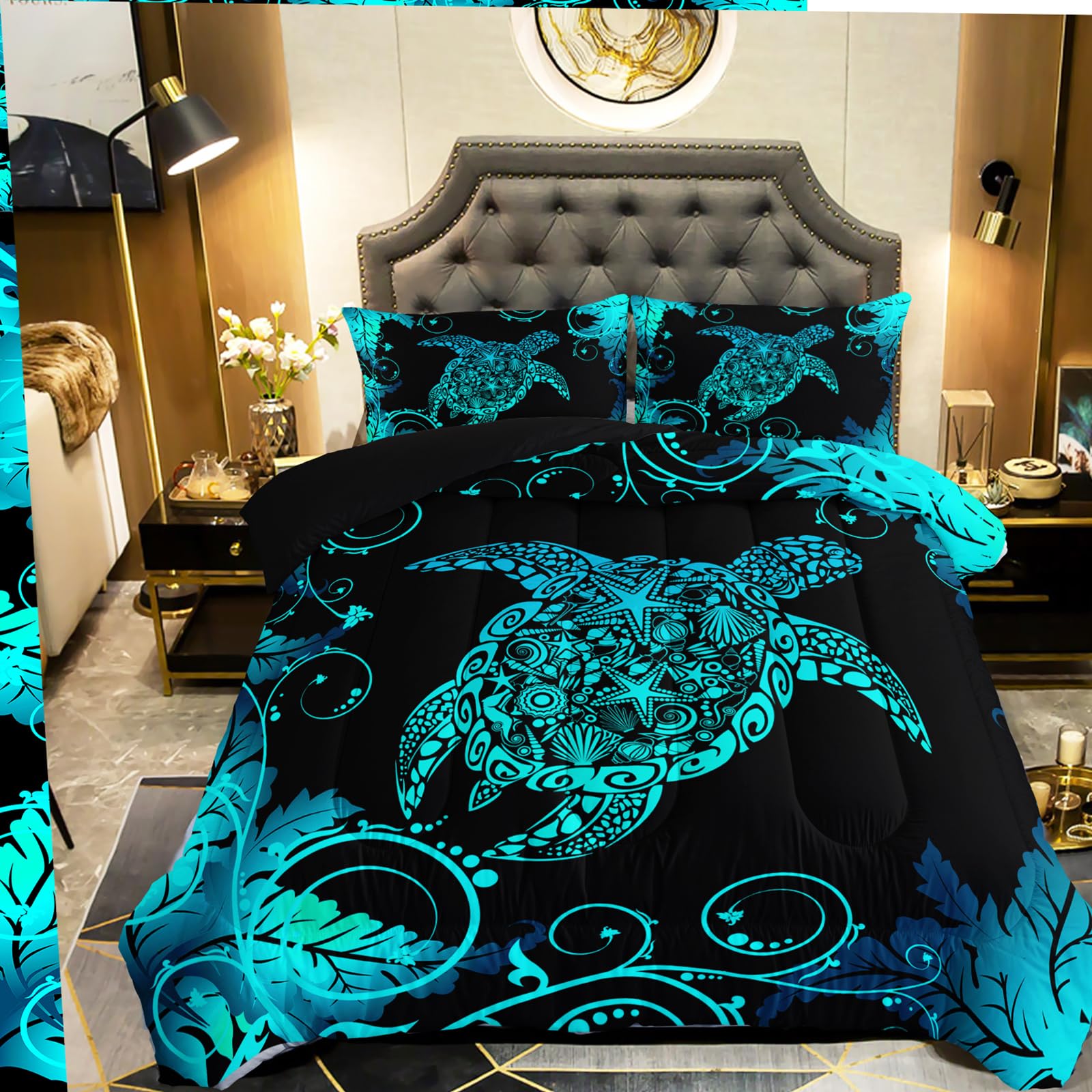 Nttopship Blue and Black Sea Turtles Comforter Sets Twin Size, Bedding Sets for Kids,Oceans and Starfish Comforter Sets All Season 1 Comforter and 2 Pillowcases