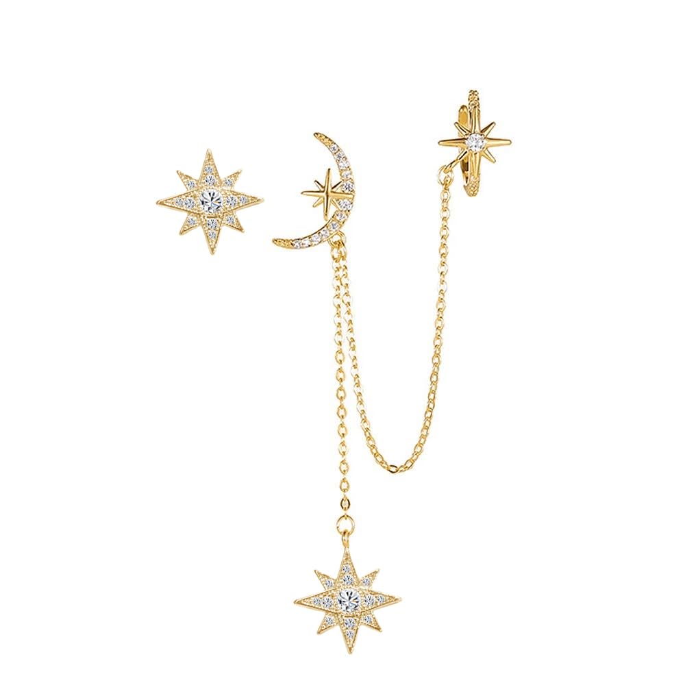 Asymmetric Moon Star CZ Ear Cuff Wrap Clip On 925 Sterling Silver Stud Long Chain Climbers Crawler Tassel Dangle Drop Cartilage Hoop Earrings for Women Girls Fashion Hypoallergenic Gifts Bff (gold)