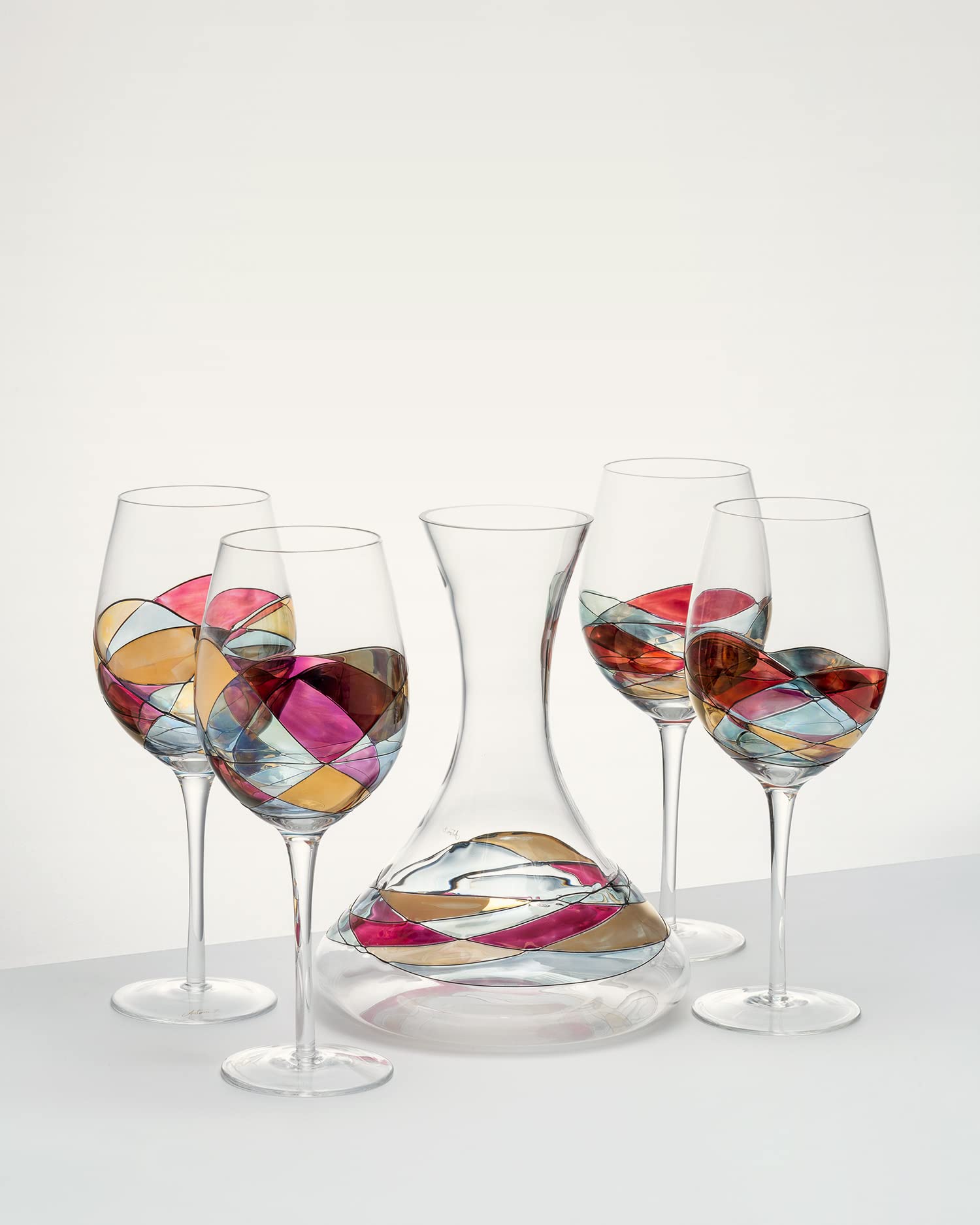 Antoni Barcelona Set Wine Decanter and Wine Glasses Mouth Blown Hand Painted Amazing Gift Wedding Woman Man Unique Present Anniversary Drink Party (Large Wine Glasses Set 2, Red)