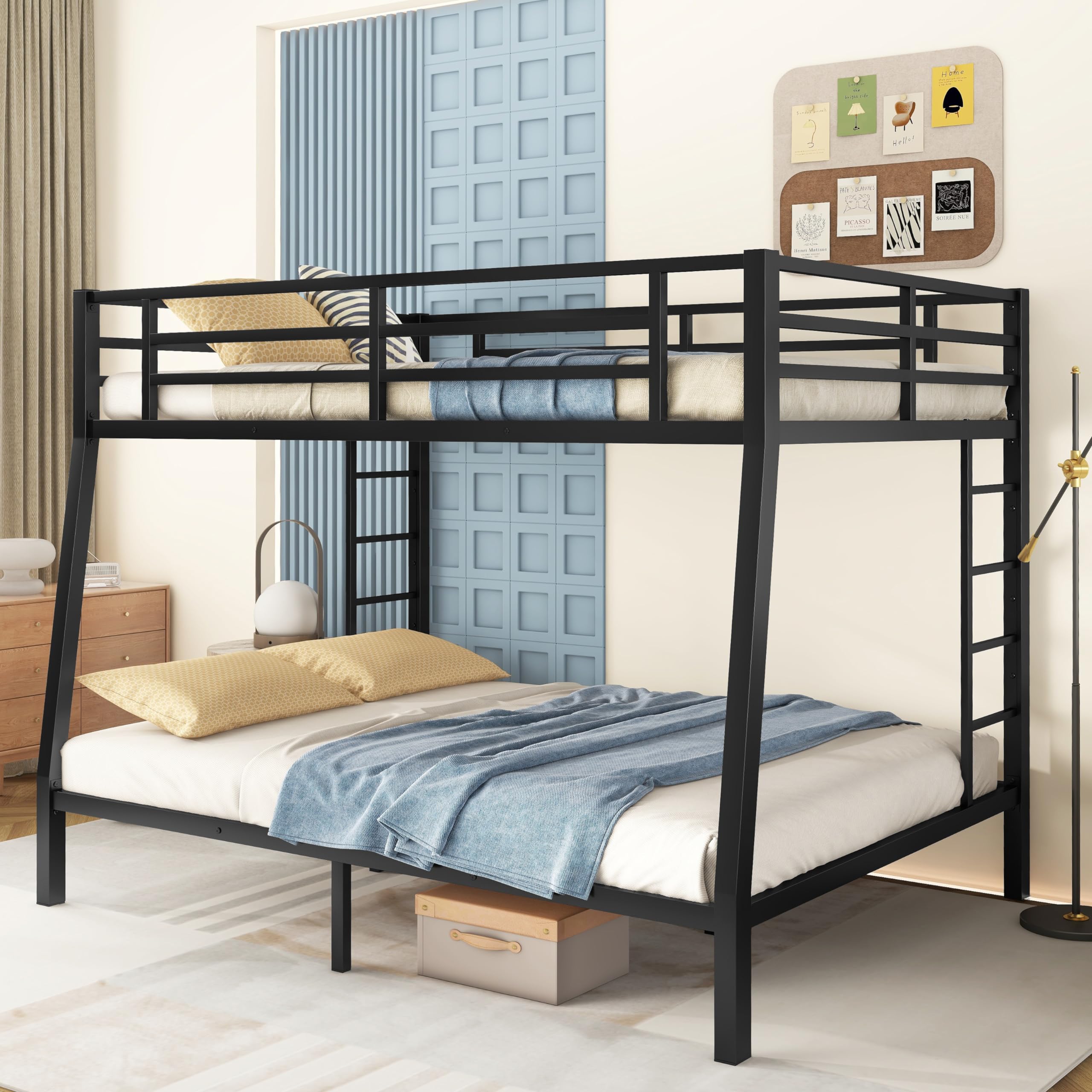 Bellemave Full XL Over Queen Metal Bunk Bed for Adults,Heavy-Duty Bunk Bed with 2 Ladders,Full Over Queen Bunk Beds,Space-Saving Bunk Bed for Kids/Teens/Adults,Noise-Free,Black