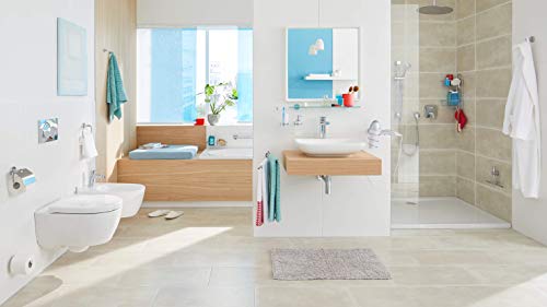 tesa SMOOZ Glass Bathroom Shelf - No Drill Shelf Made of Satined Glass and Chrome-Plated Metal - Stainless - Waterproof - Includes Removable Adhesive Solution, 121 mm x 600 mm x 50 mm