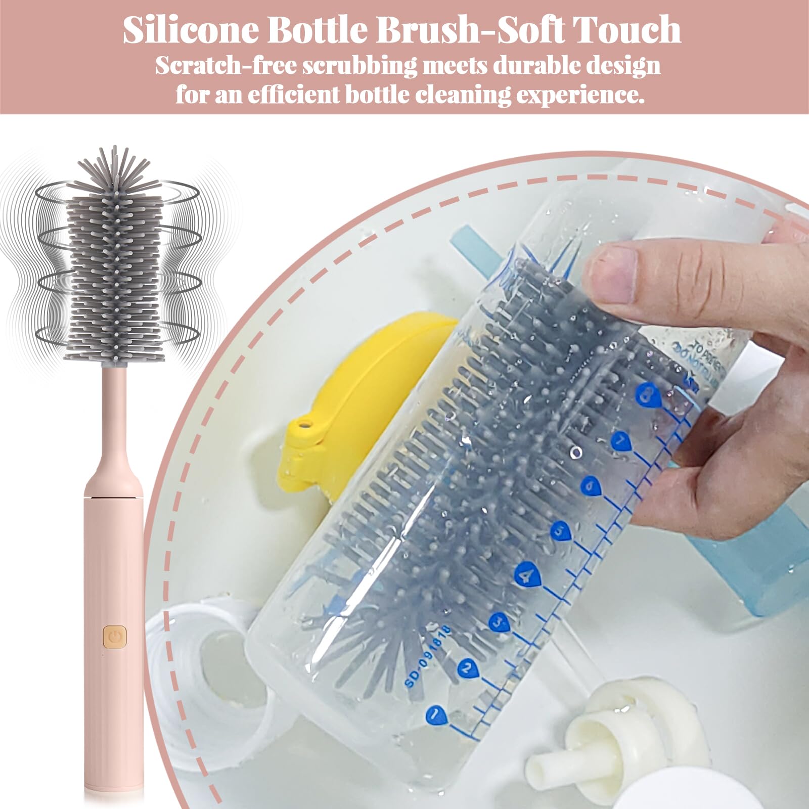 Augensterm Electric Cleaning Brush with USB Rechargeable Electric Bottle Brush Cleaner and 3 Replaceable Silicone Bottle Brushes and Straw Cleaner Brush,Perfect Baby Gifts and Kitchen Brushes(Pink)