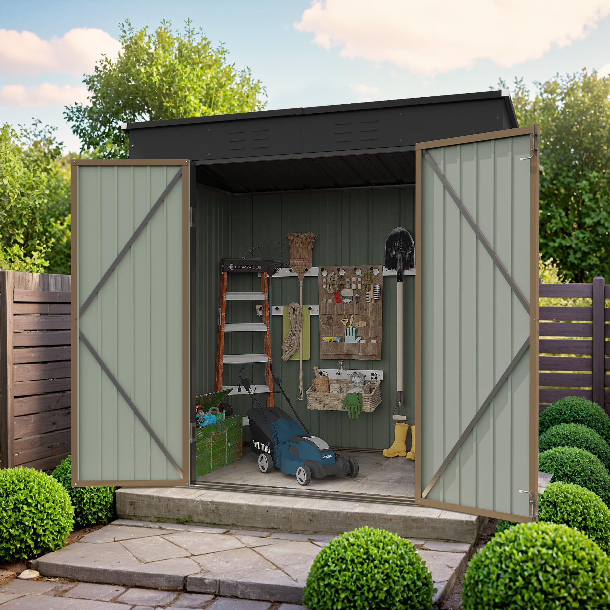 Devoko 6 x 8 FT Outdoor Storage Shed, Metal Garden Tool Sheds & Outdoor Storage House with Sloped Roof for Patio Lawn Backyard (Brown)