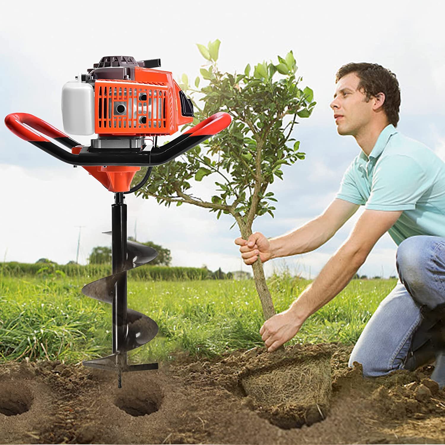 Auger Post Hole Digger Gas Powered 72CC 4HP 2 Stroke Earth Ground Auger with 3 Garden Auger Spiral Drill Bits 4" & 8" & 12", 3 Extension Rods for Planting, Post Hole Digging, Drilling