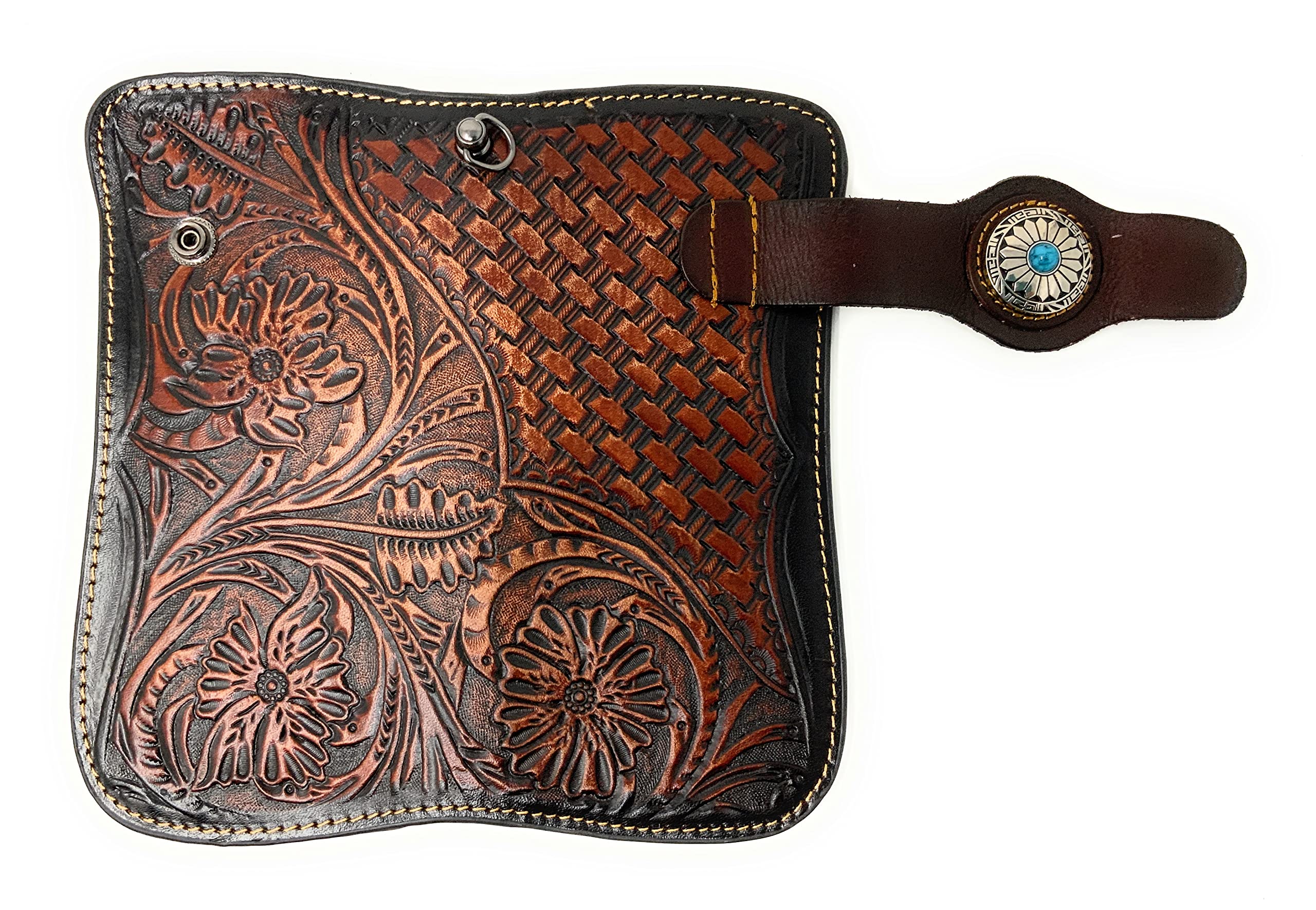 Large Concho and Print Flora Genuine Leather Women's Trifold Wallet/Cellphone Case with Exrta Wrist in 3 colors (Brown)