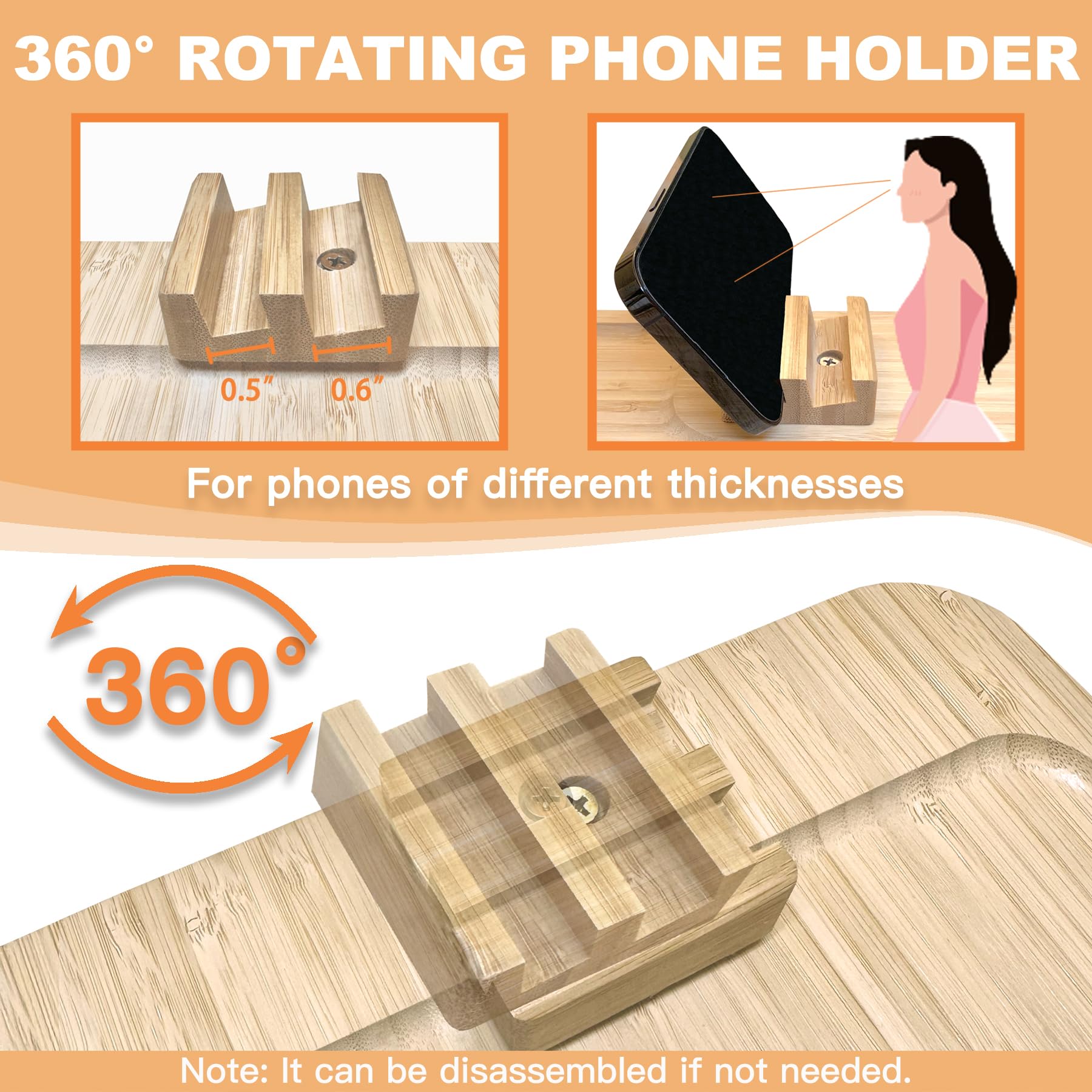Batteo Sofa Arm Tray with 360° Rotating Phone Holder, Bamboo TV Tray and Armrest Tray, Folding Couch Arm Table, Side Table and Couch Slip with Cup Holder for Eating and Drinks, 9"x13"