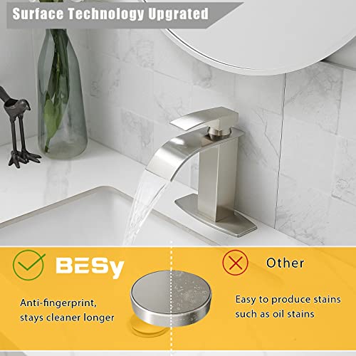 BESy Brushed Nickel Waterfall Spout Bathroom Faucet, Single Handle Bathroom Sink Faucet with Pop-up Drain, Rv Vanity Faucet with Deck Plate & Supply Hoses, Burshed Nickel, 1 or 3 Hole