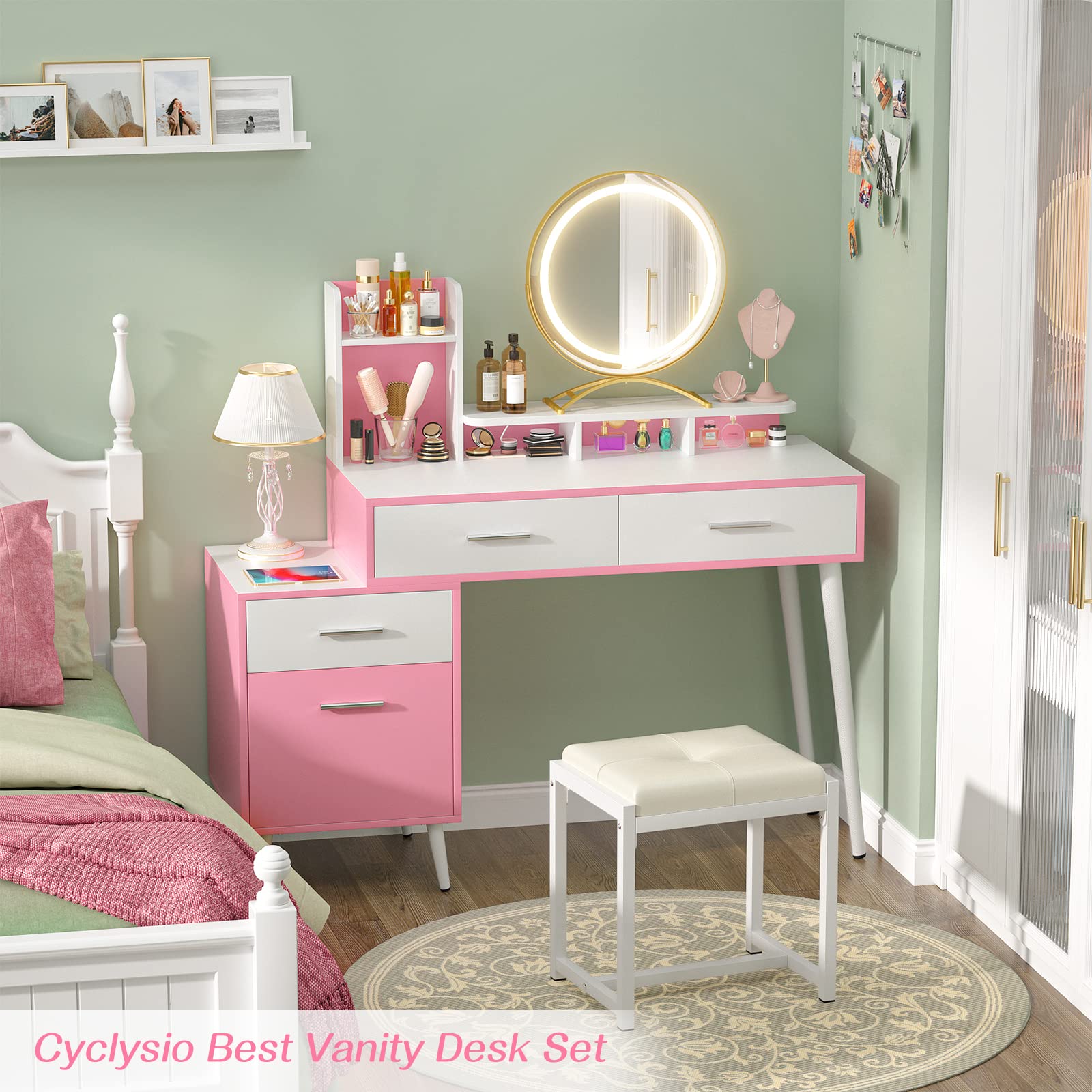 armocity 45 Inches Vanity Desk with Lights, Bright Color Makeup Vanity Table Set with Mirror, Large Dressing Table with Stool for Bedroom, Bathroom, Small Space, 3 Adjustable Lighting Modes, Pink
