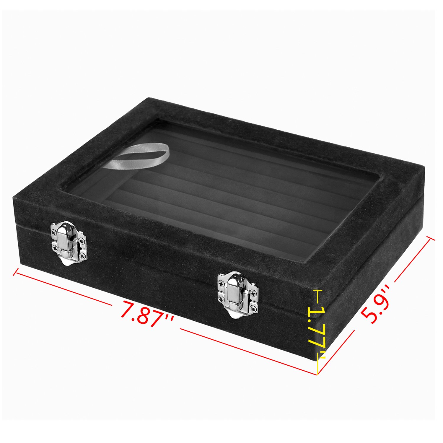 Basuwell Earring Storage 7 Slots Velvet Jewelry Tray for Drawers Glass Clear Lid Showcase Display Ring Organizer Earring Ring Trays Holder Cufflink Showcase-Black