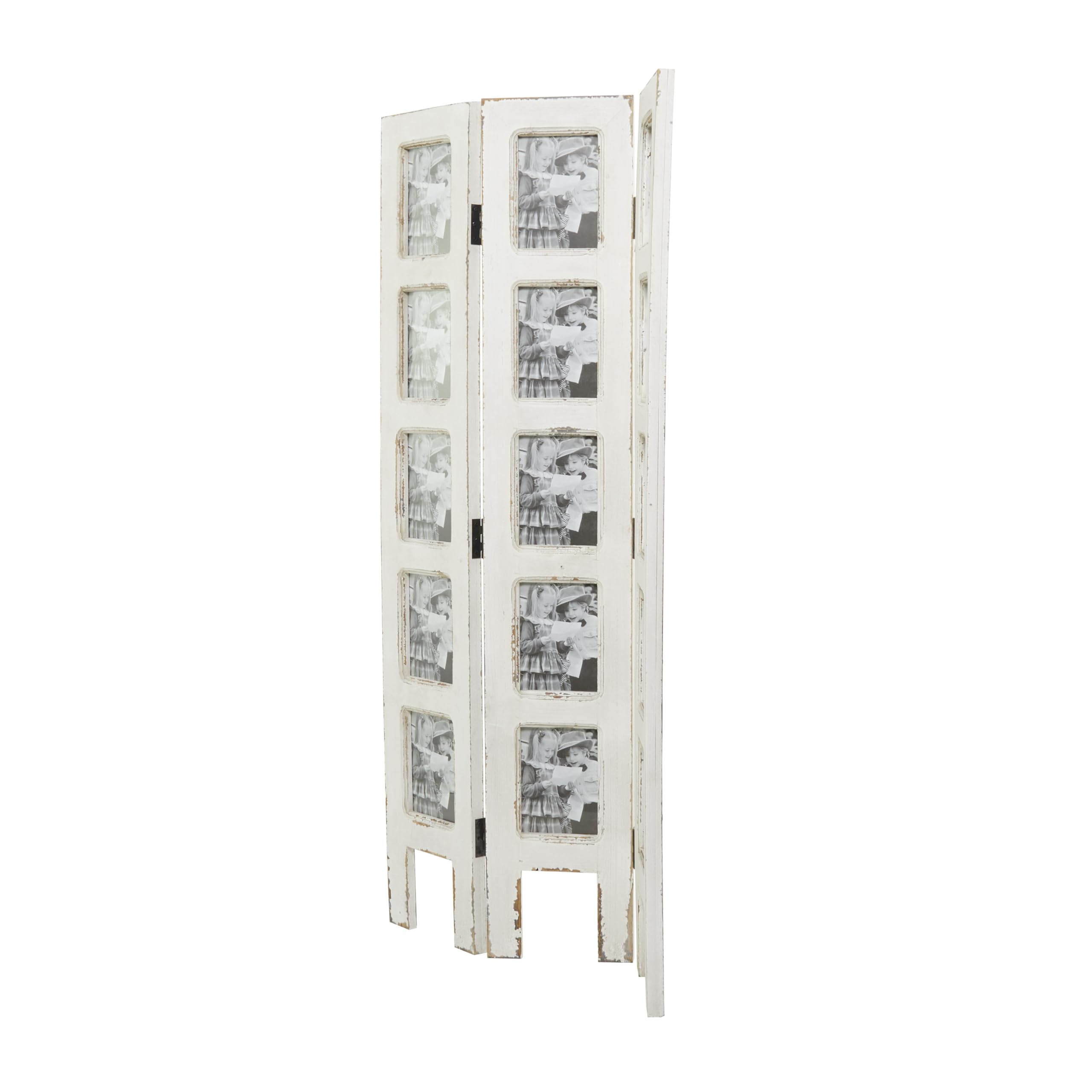 Deco 79 Wooden Partition Room Divider Screen Hinged Foldable Partition 3 Panel Privacy Screen with 15 Photo Slots, Room Partition 27" x 1" x 51", White