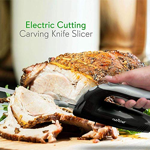 Upgraded Premium NutriChef Electric Knife - 8.9" Carving Knife, Serrated Blades, Lightweight, Ergonomic Design Easy Grip, Easy Blade Removal, Great For Thanksgiving, Meat & Cheese, Black