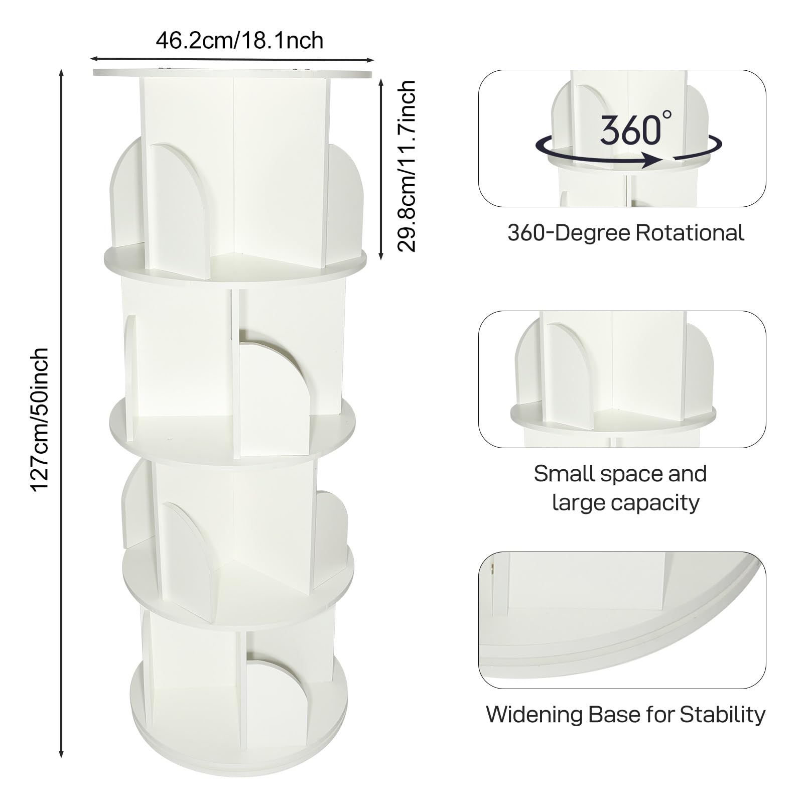 BEICNWOD Rotating Bookshelf,4 Tier 360° Revolving Bookcase,Small Corner Bookshelf for Small Space, Stackable Bookshelf Organizer, Display Cabinet for Office Home Living Room,White (White)