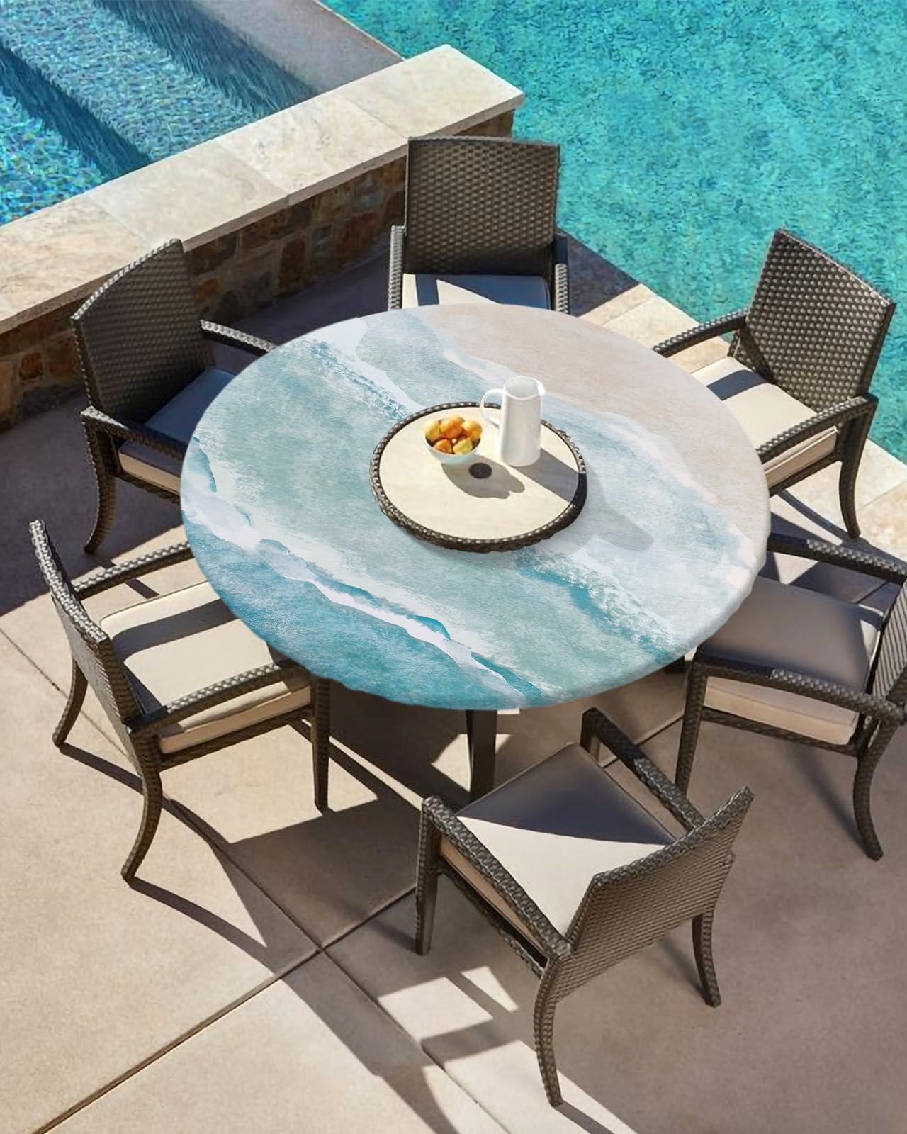 BEKYONEE Summer Ocean Round Fitted Tablecloth 55-60in Beach Seaside Waterproof Table Cover Coastal Sea Waves Elastic Edged Washable Table Cloths for Kitchen Picnic Outdoor Tabletop Abstract Art Decor