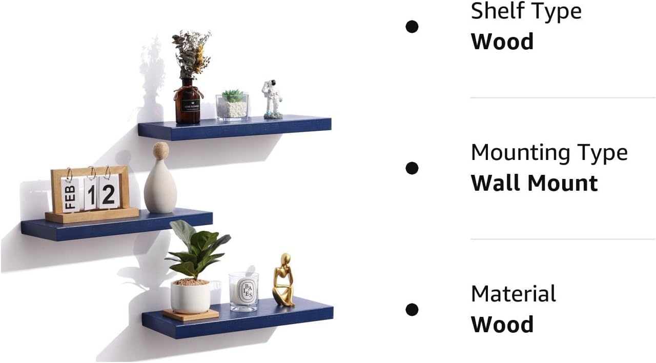 Generic Set of 3 Floating Shelves Wall Mounted Shelf, for Home Decor with 6"" Deep (Dark Blue, 15.7 inch)