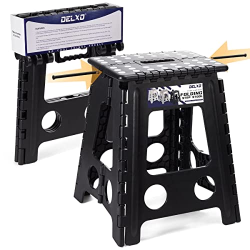 Delxo 16â Folding Step Stool in Black,1 Pack Premium Heavy Duty Foldable Stool for Adults,Portable Collapsible Plastic Step Stool,Non Slip Folding Stools for Kitchen Bathroom Bedroom Up to 400LBS