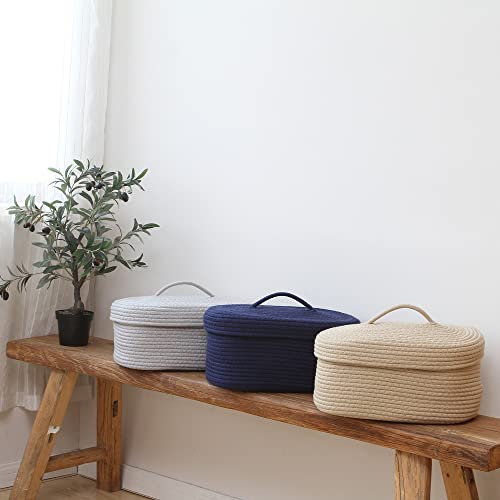 Sea Team Oval Cotton Rope Storage Basket with Lid, Lidded Woven Storage Bin, Nursery Storage Container, Diaper Caddy, Baby Shower Basket, Box, Organizer, 15 x 11 x 6.5 Inches (Medium, Navy Blue)