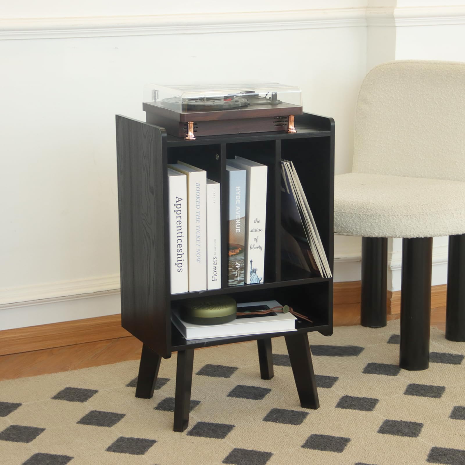 AWASEN Record Player Stand with Vinyl Storage, Turntable Stand with Record Storage, Vinyl Record Table Holds Up to 100 Albums, 3 Tier End Table for Living Room Bedroom Office Small Spaces (Black)