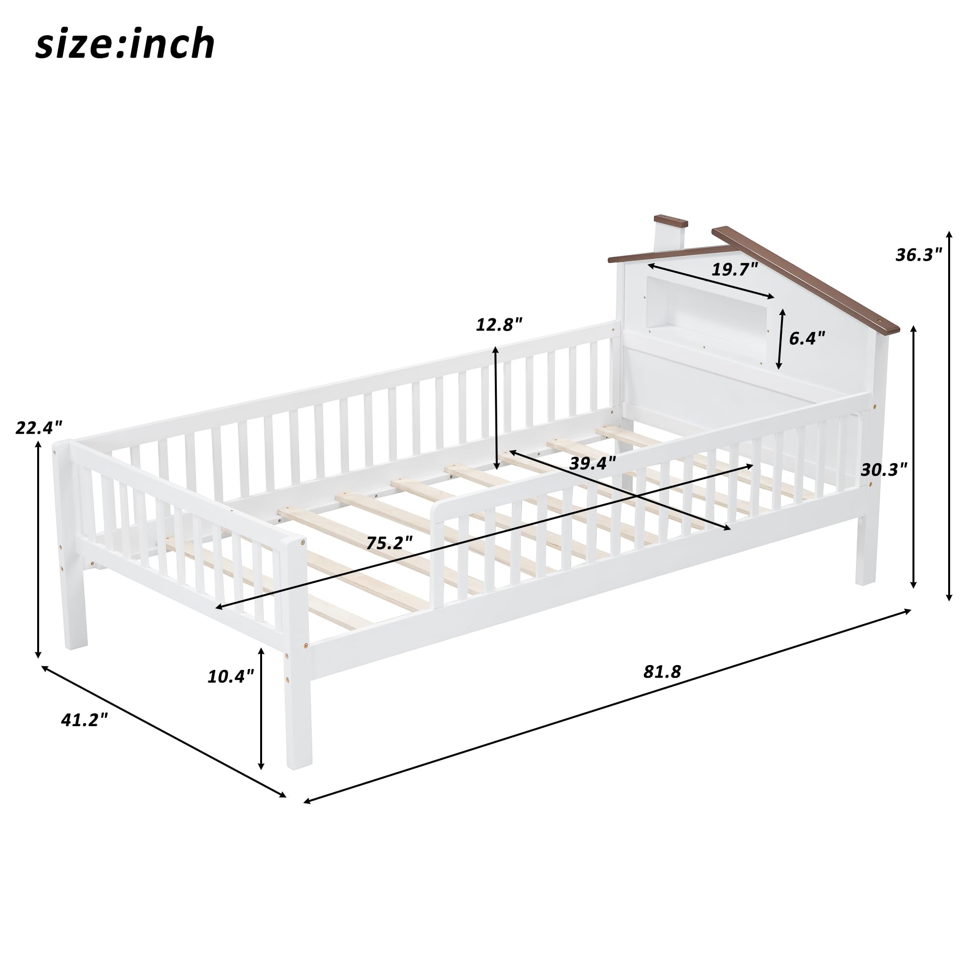 Bellemave Twin Size Montessori Bed for Kids, Twin Size Kids Bed with Fence,Kids Montessori Bed with House-Shaped Headboard and Built-in Storage, White