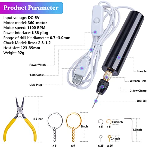 LET'S RESIN Electric Resin Drill, 74Pcs Hand Drill Resin Supplies with 3-Jaw Clamp-Applicable to A Larger Drilling Range (0-3mm), Grip Nose Pliers, Keychain Making Kit, Resin Tools for Resin Art