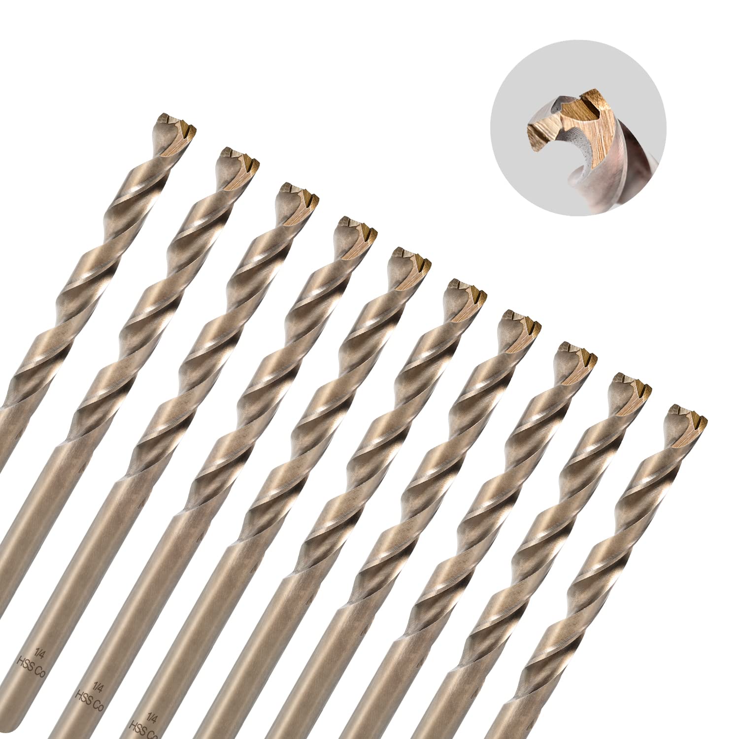 AugTouf 3/16" Tri-Blade Tip Cobalt Drill Bits(10Pcs), M35 High Speed Steel Jobber Length Twist Drill Bit Set for Hardened Metal, Stainless Steel and Cast Iron