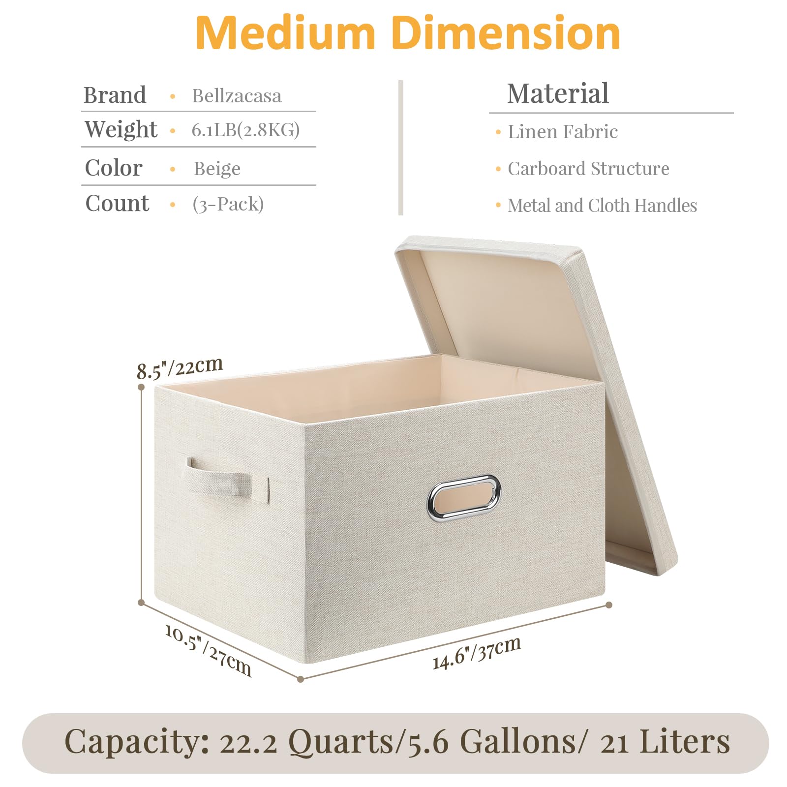 Bellzacasa Collapsible Storage Bins with Lids, 3 Pack Linen Fabric Foldable Storage Bin Cube with Handles, Storage Baskets Box Closet Organizers and Storage Containers, Beige, 14.6x10.5x8.5