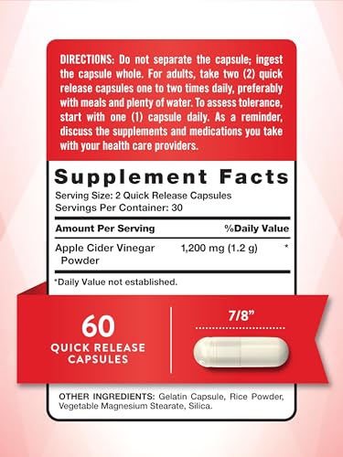 Apple Cider Vinegar Capsules | 1200mg | 60 Pills | Quick Release | Non-GMO & Gluten Free Supplement | by Nature's Truth