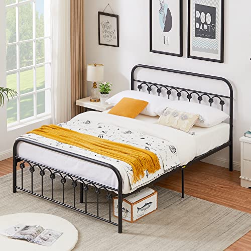 VECELO Bed Frame, Queen Size Metal Platform with Headboard & Footboard, Premium Steel Slat Support Mattress Foundation,No Box Spring Needed