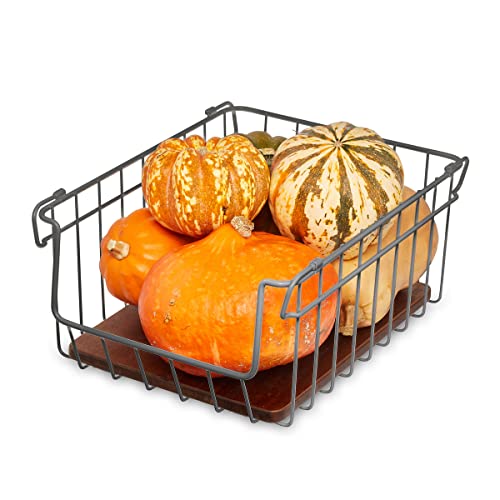 The RĆa Safford Collection by iDesign Open Front Wire Basket with Acacia Wood, 14" x 10" x 6", Charcoal