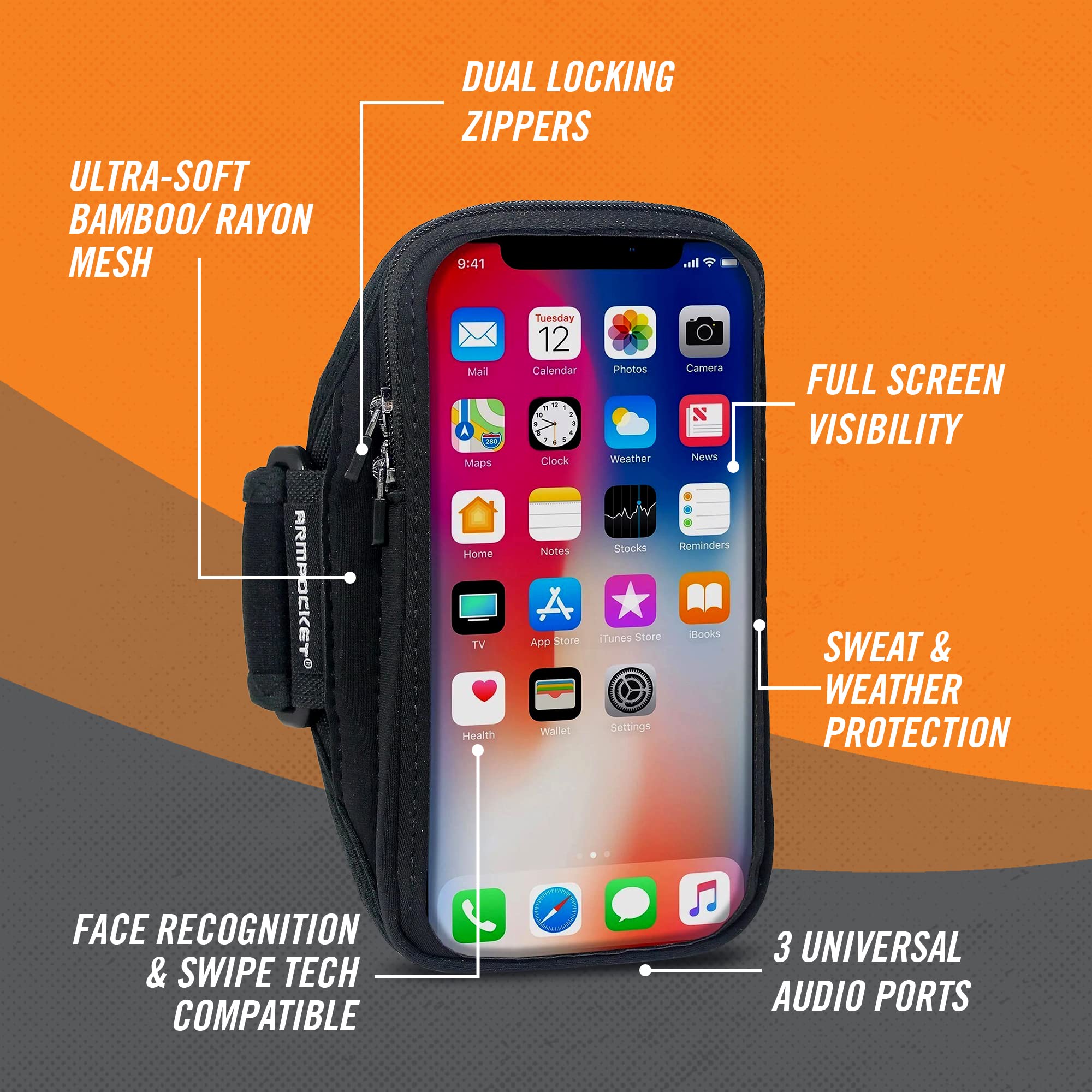 Armpocket X Arm Band, Cell Phone Holder for Walking, Running Phone Holder for iPhone 14, iPhone 11/12/13 Pro, Galaxy S20, Pixel 6A, & Devices Without Cases Up to 6 Inches, 10 to 15-inch Black Strap
