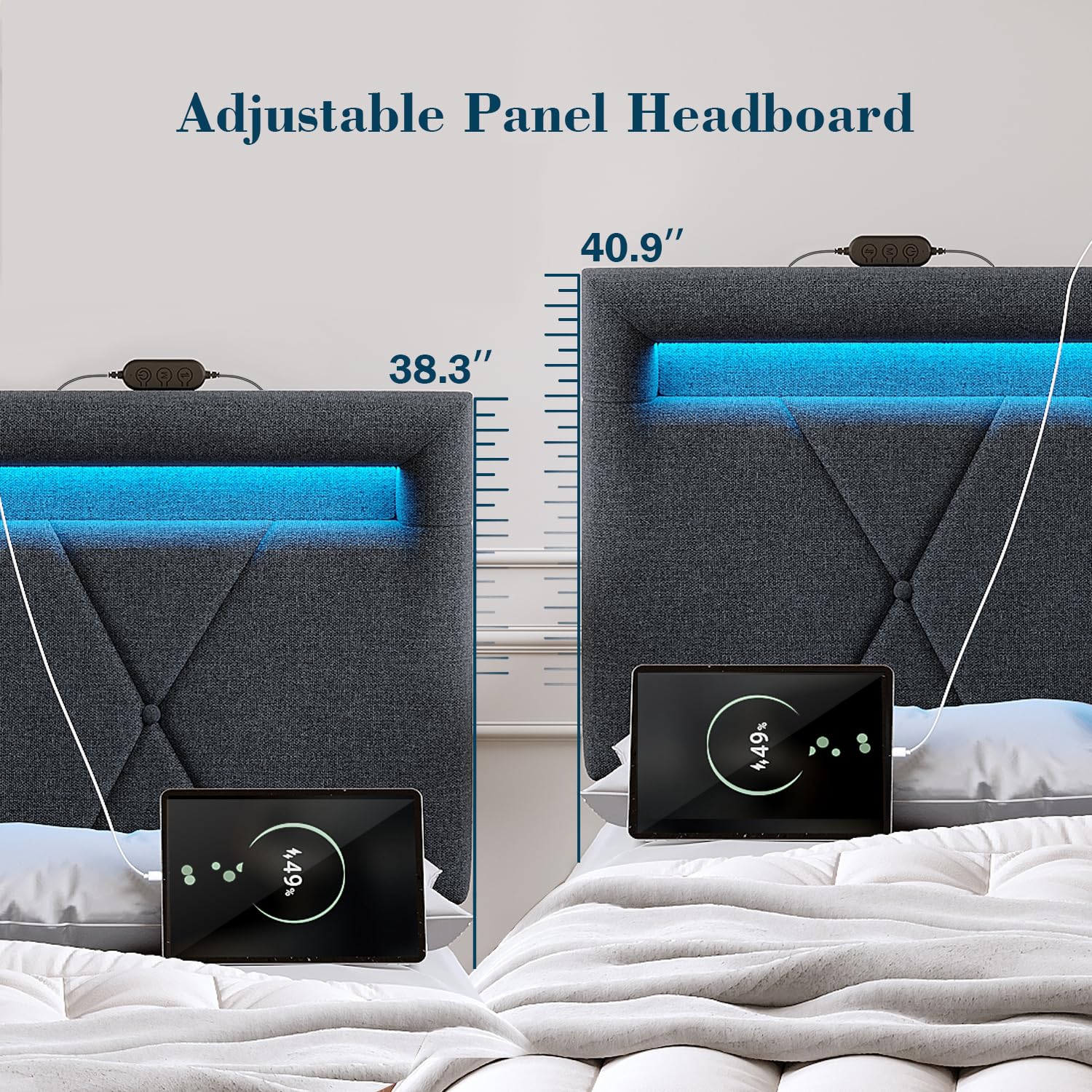 ROCHECASA Queen Bed Frame with Charging Station and LED Lights, Upholstered Bed with Height Adjustable Headboard, Noise Free, Easy Assembly, Dark Grey