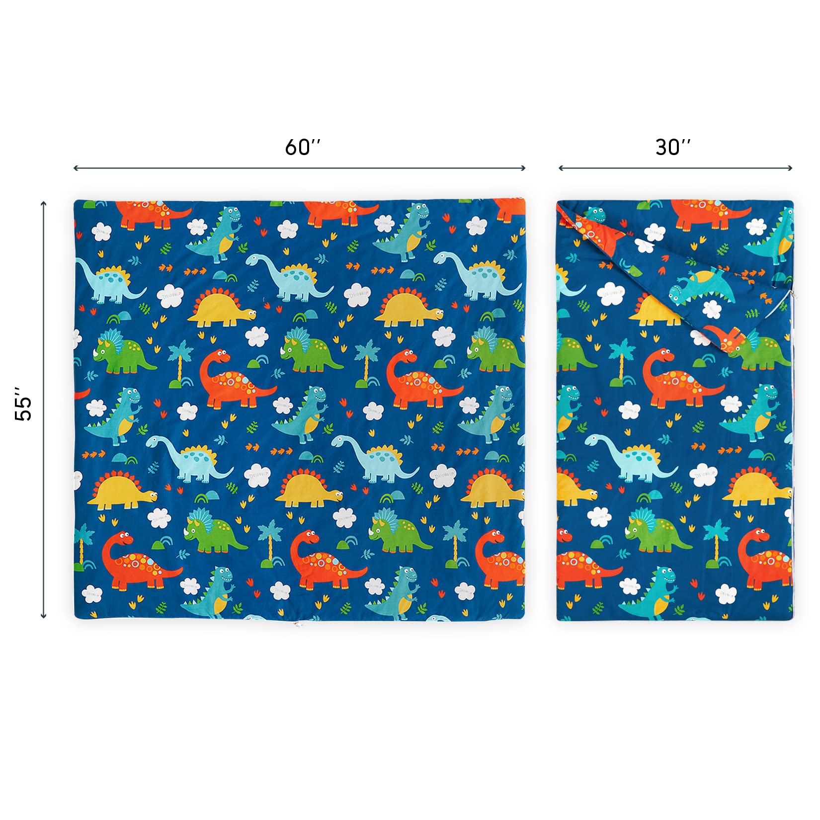 Wake In Cloud - Sleeping Bag Zippered, Nap Mat with Matching Pillow for Kids Boys Girls Sleepover Overnight Travel Slumber Bag, Dinosaurs Printed on Navy Blue, 100% Cotton with Microfiber Fill