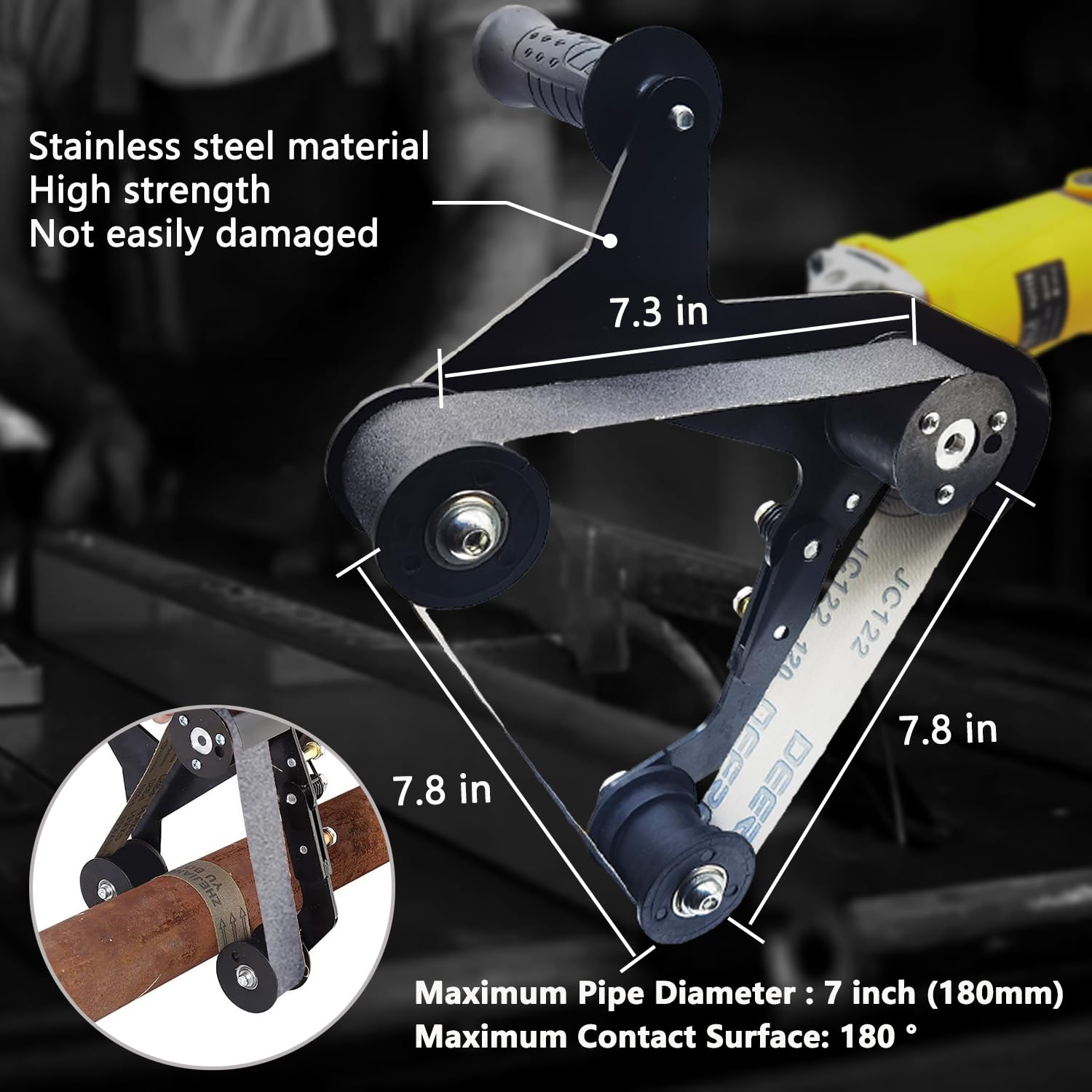 Belt Sander Adapter for Angle Grinder,Pipe or Tube Sanding Attachment, US 5/8-11 Thread,Professional Polishing Tool for Rust Removal,Metal Working,Woodworking (Silicon carbide sanding belts)